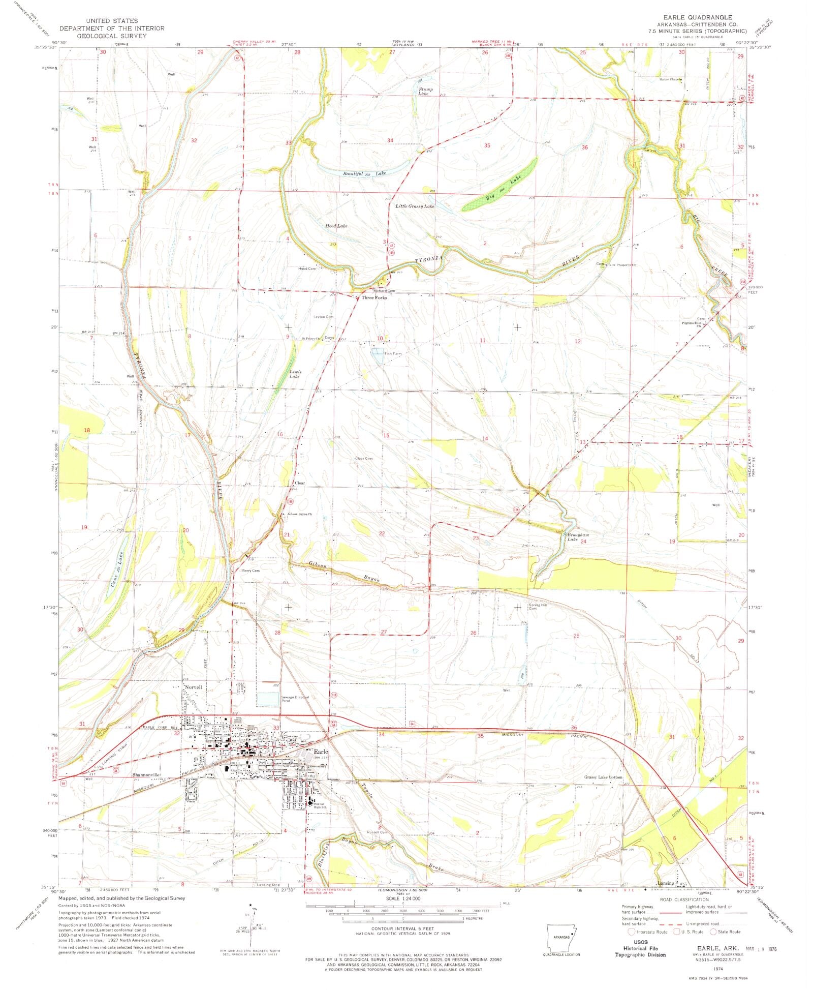 Classic USGS Earle Arkansas 7.5'x7.5' Topo Map – MyTopo Map Store