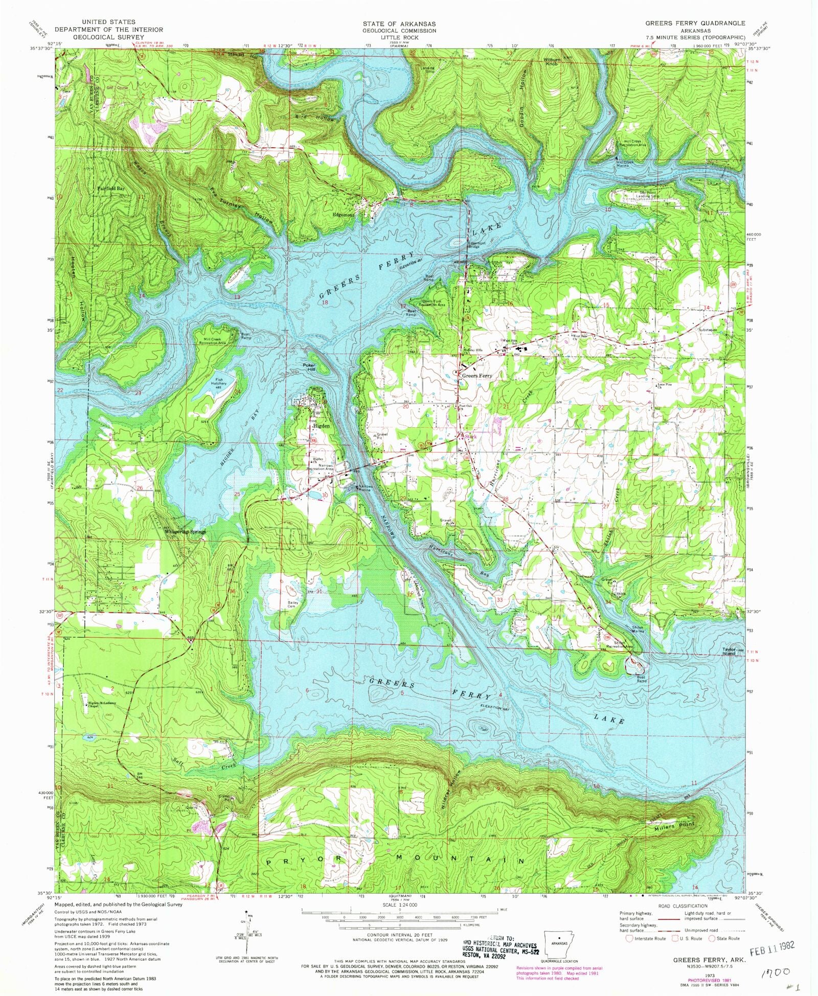 Classic USGS Greers Ferry Arkansas 7.5'x7.5' Topo Map – MyTopo Map Store