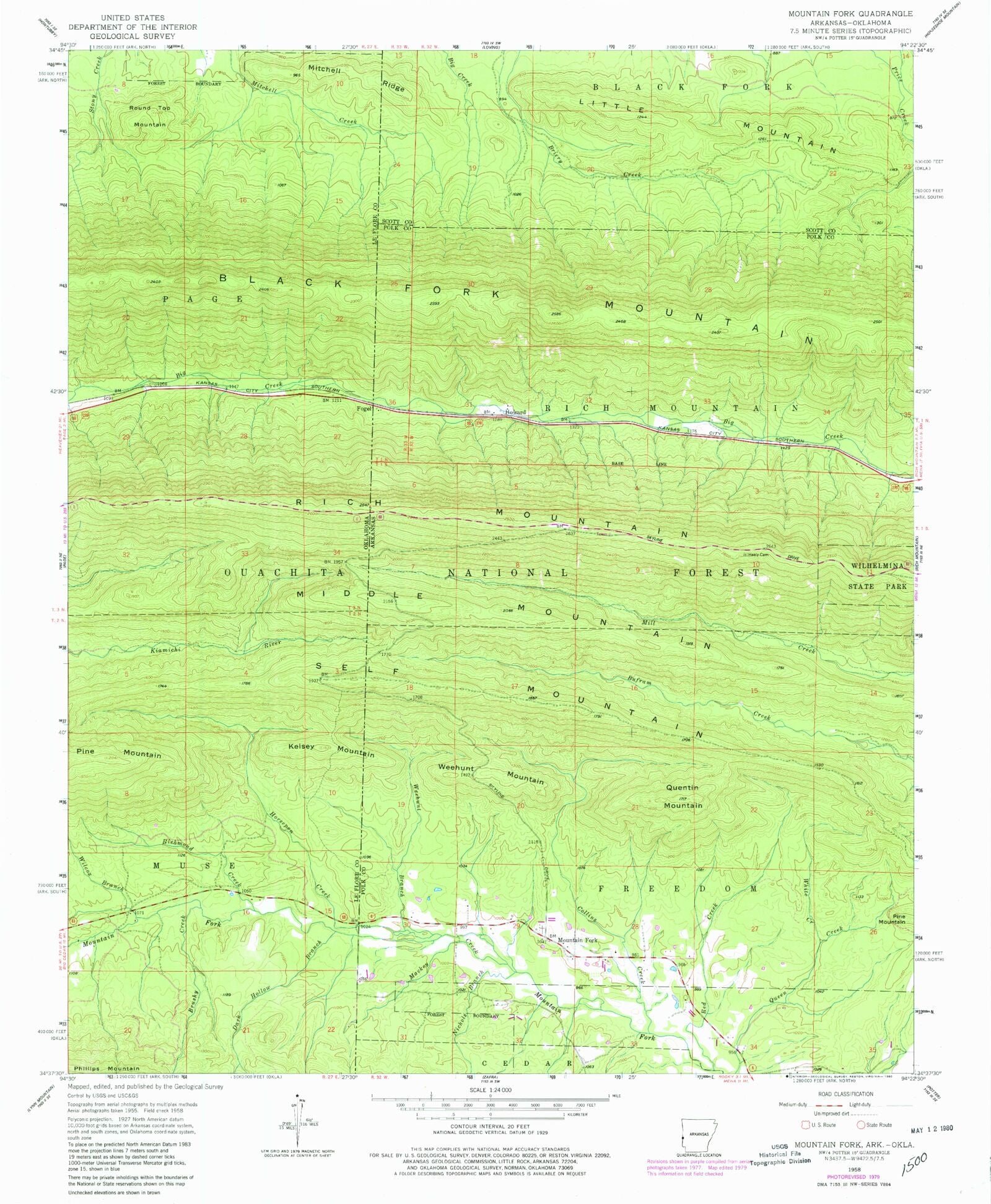 Classic USGS Mountain Fork Arkansas 7.5'x7.5' Topo Map – MyTopo Map Store