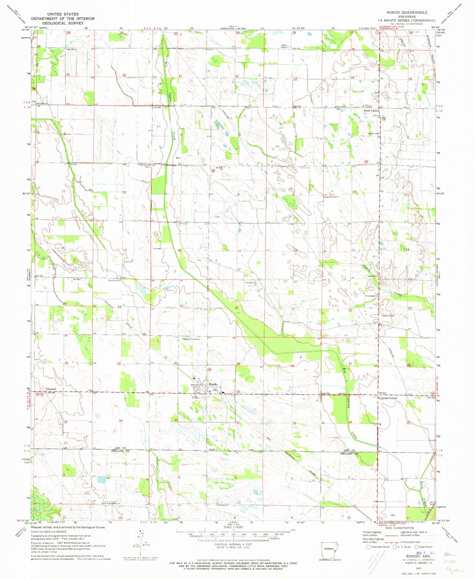Classic USGS Rondo Arkansas 7.5'x7.5' Topo Map – MyTopo Map Store