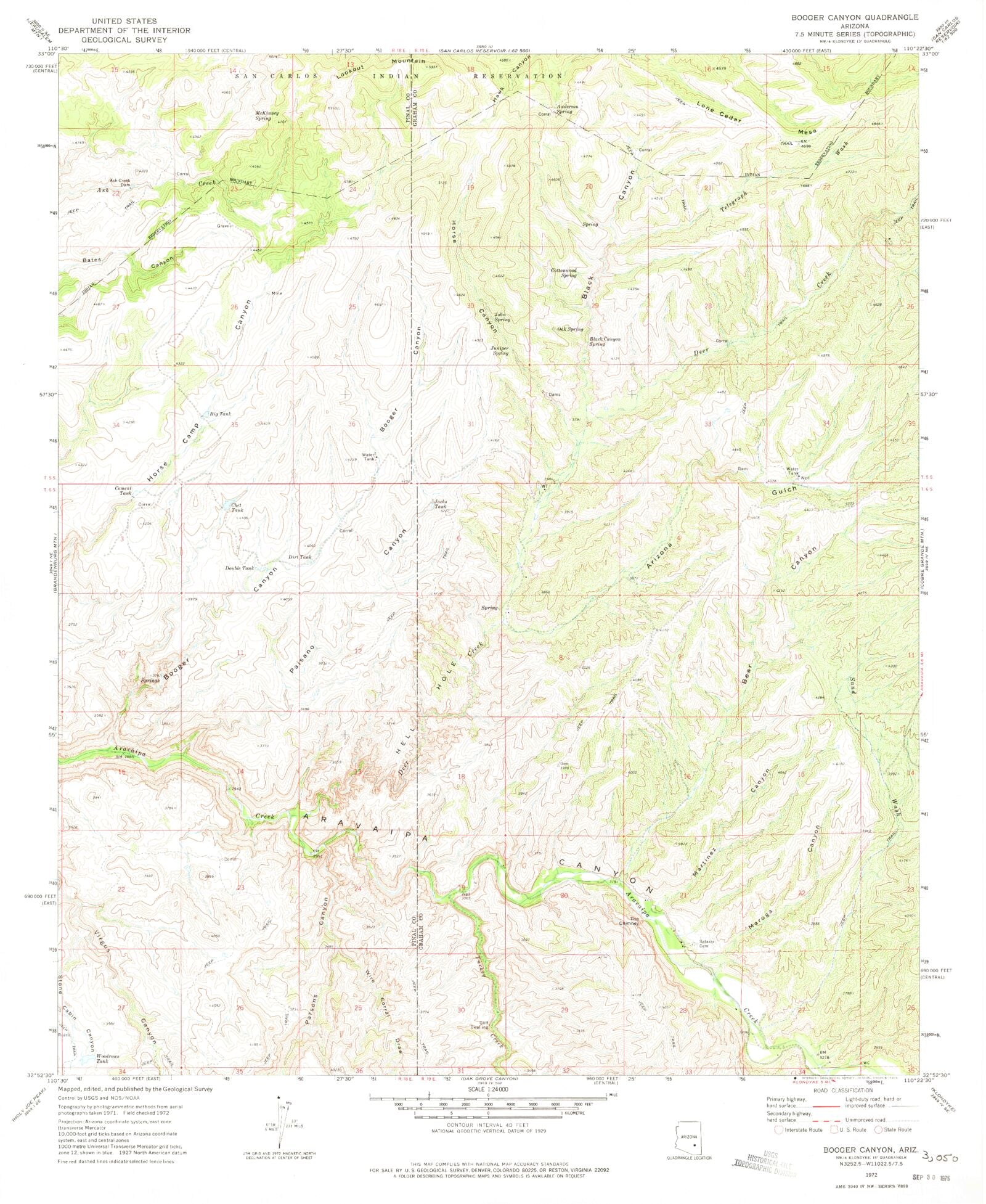 Classic USGS Booger Canyon Arizona 7.5'x7.5' Topo Map – MyTopo Map Store