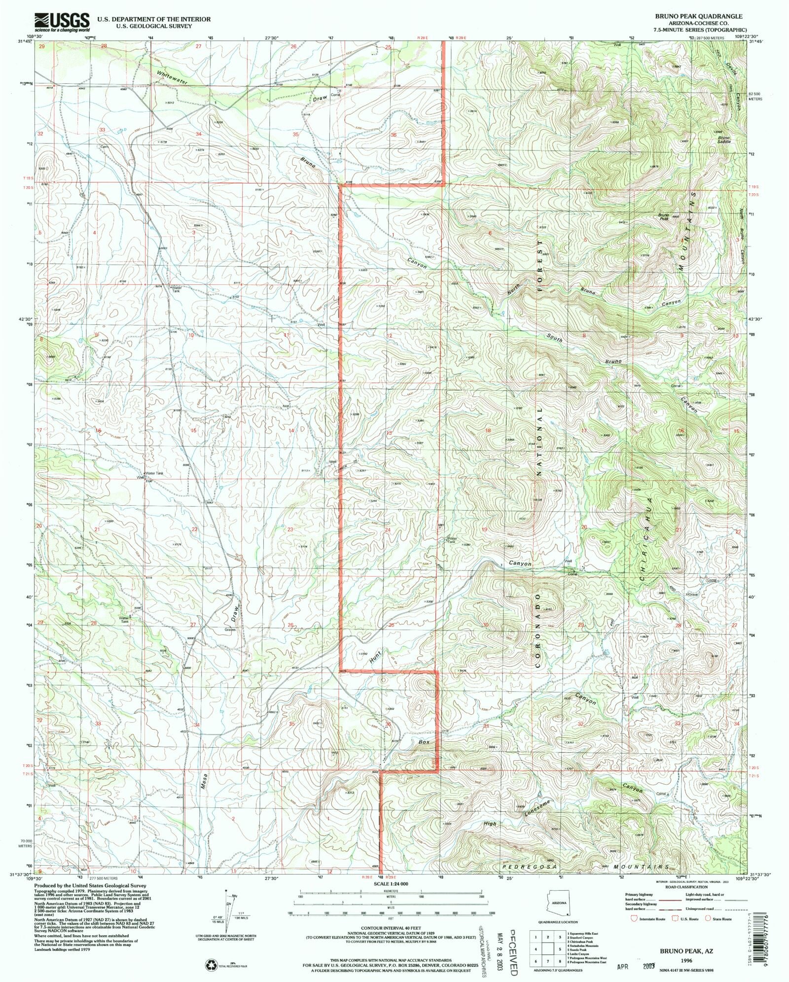 Classic USGS Bruno Peak Arizona 7.5'x7.5' Topo Map – MyTopo Map Store