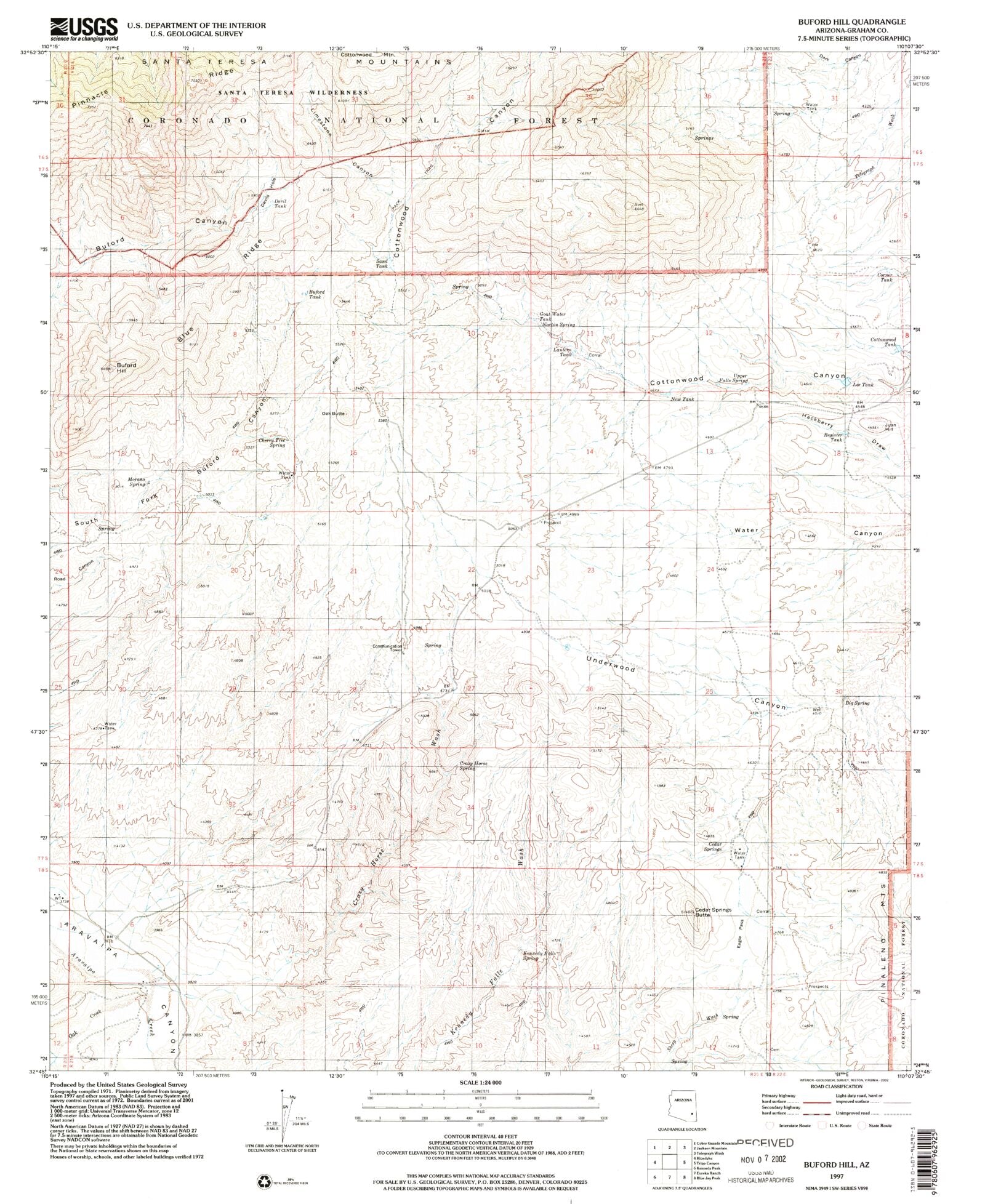 Classic USGS Buford Hill Arizona 7.5'x7.5' Topo Map – MyTopo Map Store