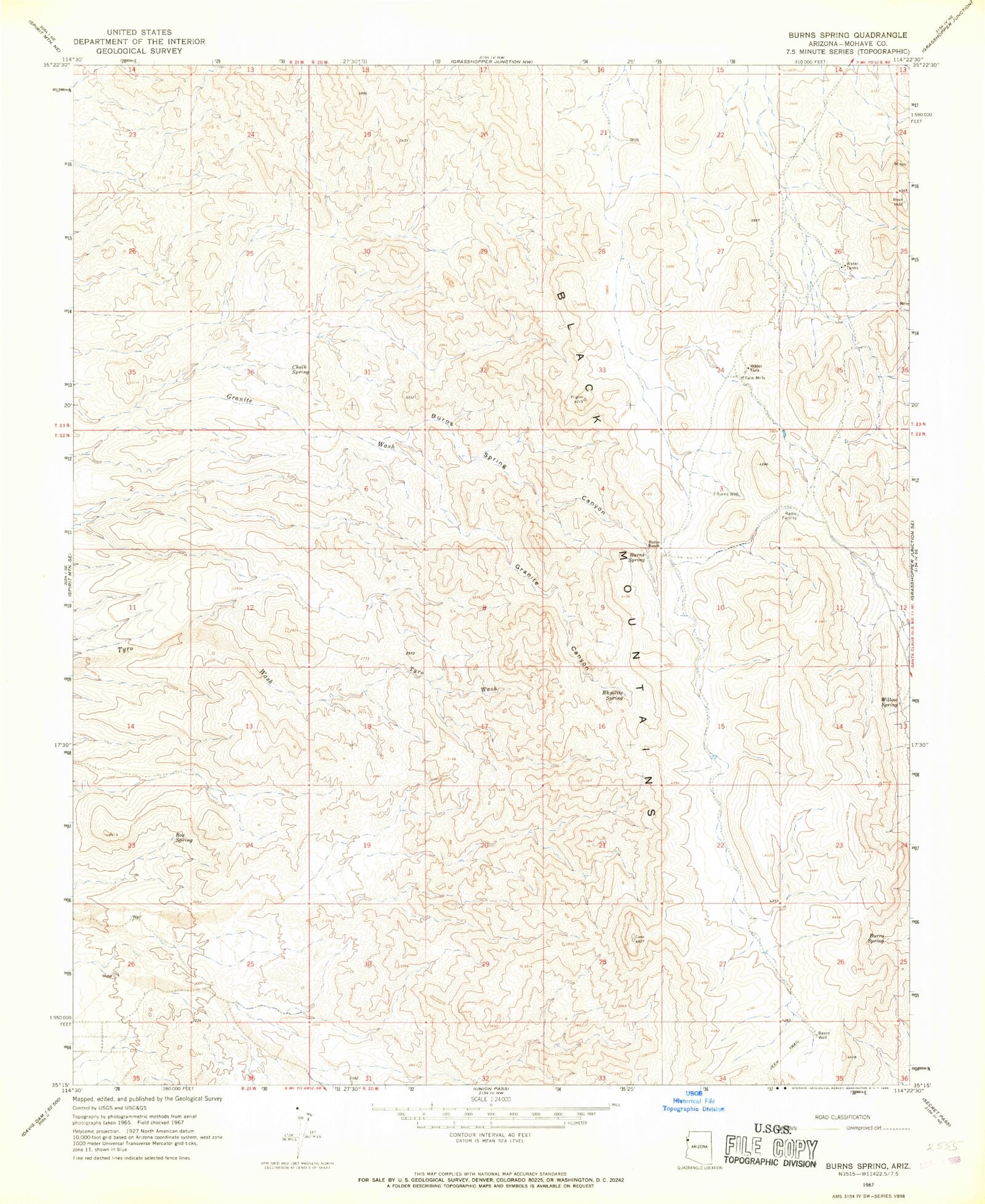 Classic USGS Burns Spring Arizona 7.5'x7.5' Topo Map – MyTopo Map Store