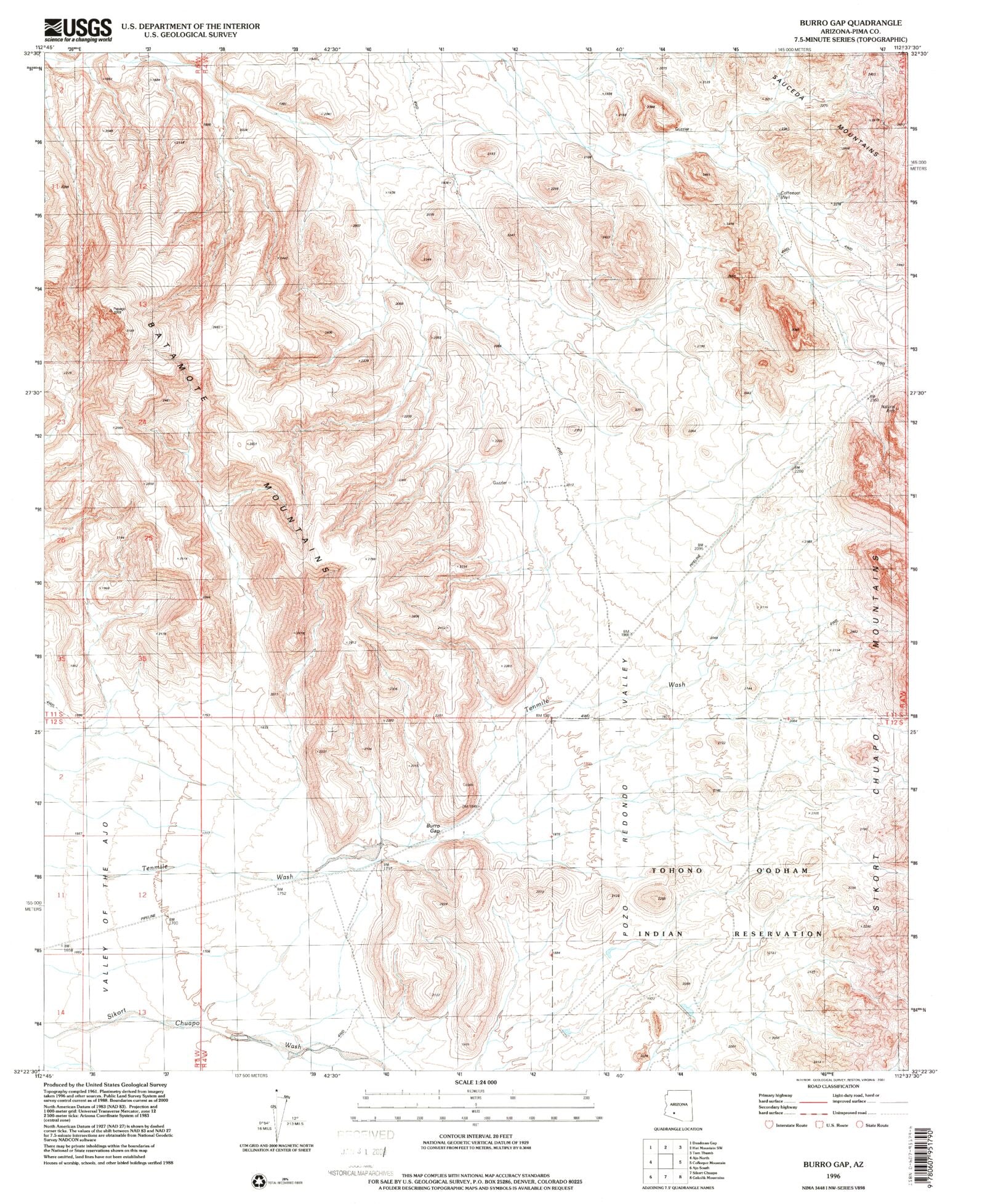 Classic USGS Burro Gap Arizona 7.5'x7.5' Topo Map – MyTopo Map Store