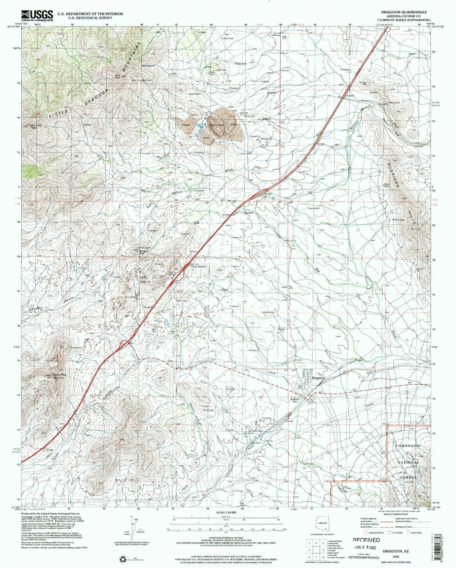 Classic USGS Dragoon Arizona 7.5'x7.5' Topo Map – MyTopo Map Store