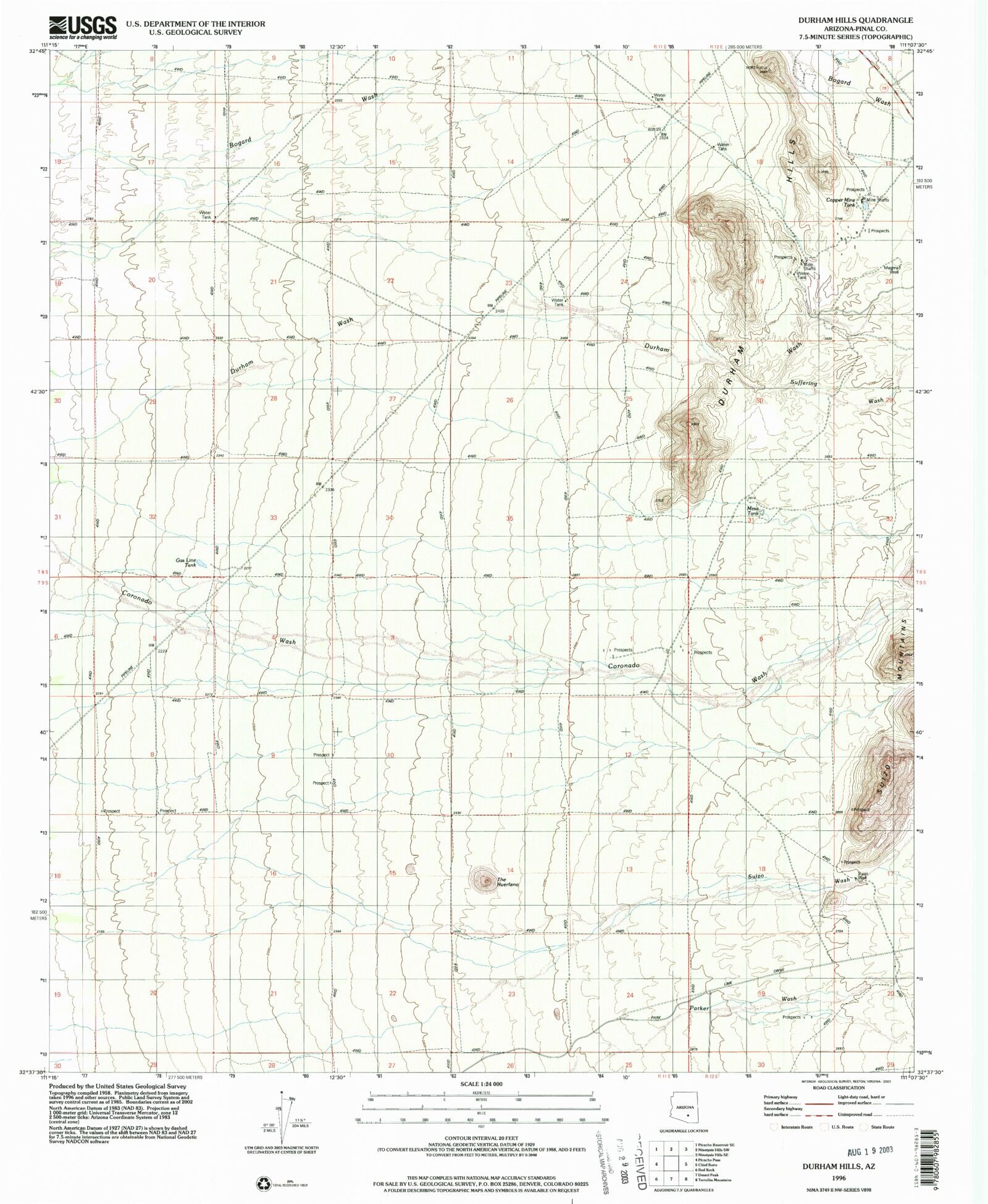 Classic USGS Durham Hills Arizona 7.5'x7.5' Topo Map – MyTopo Map Store