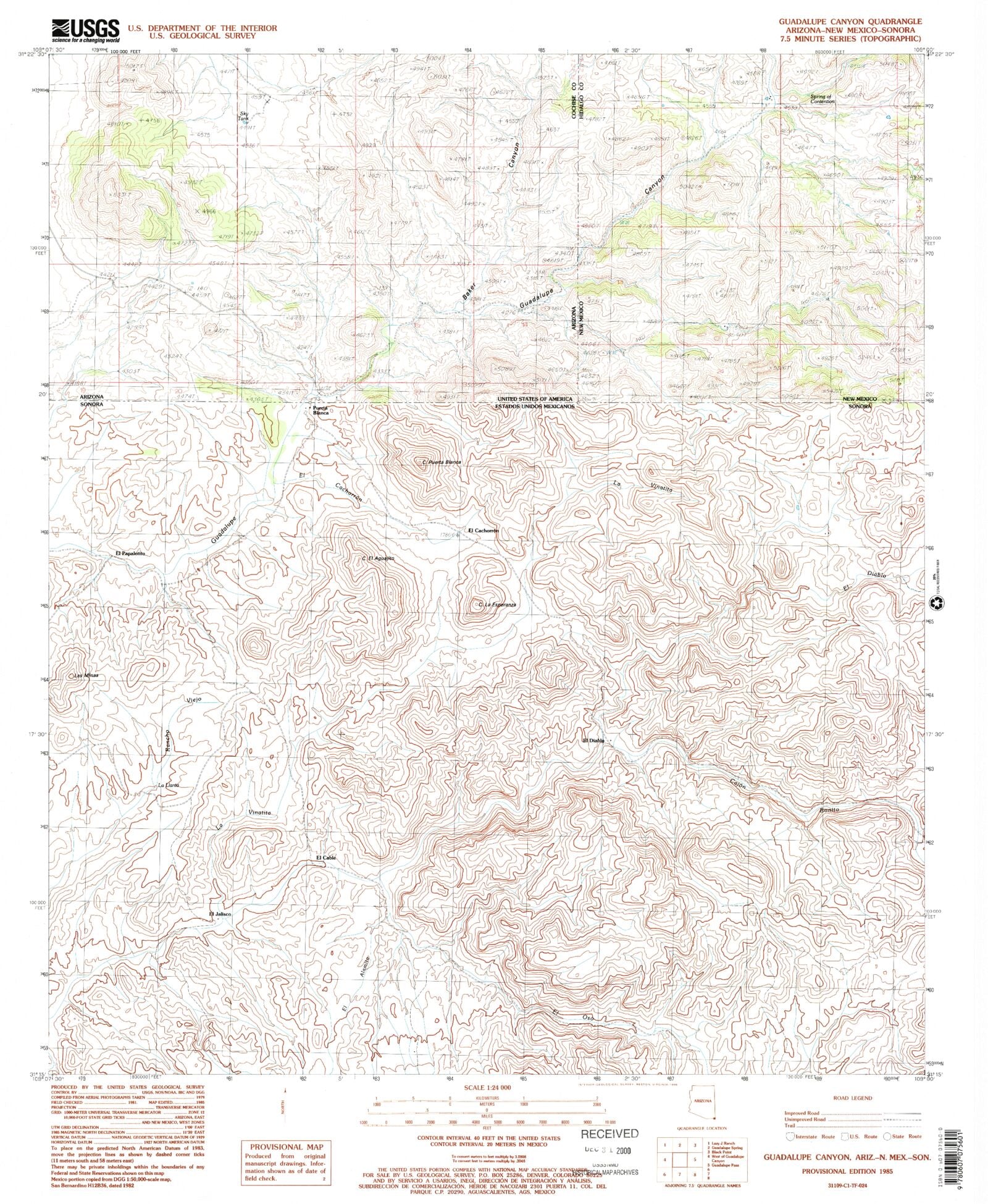 Classic USGS Guadalupe Canyon Arizona 7.5'x7.5' Topo Map – MyTopo Map Store