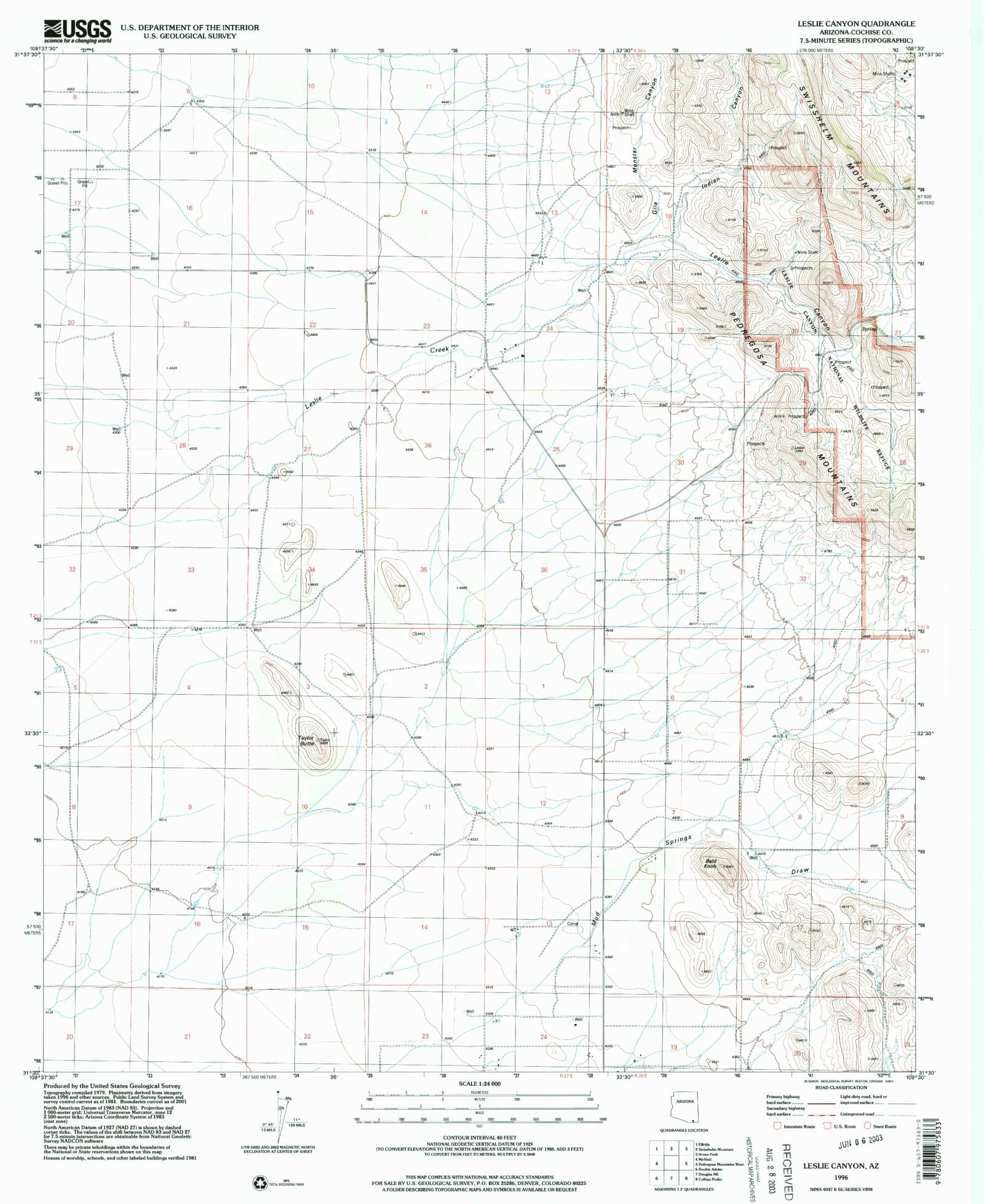 Classic USGS Leslie Canyon Arizona 7.5'x7.5' Topo Map – MyTopo Map Store