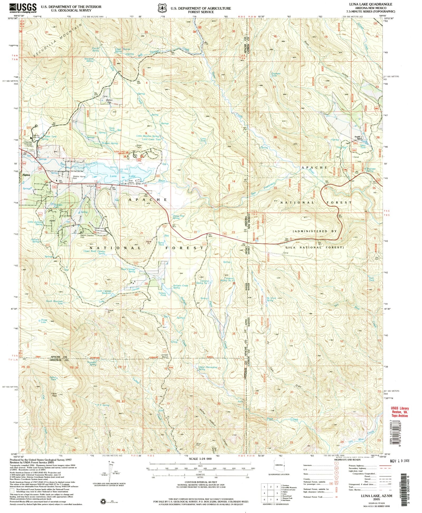 Classic USGS Luna Lake Arizona 7.5'x7.5' Topo Map – MyTopo Map Store