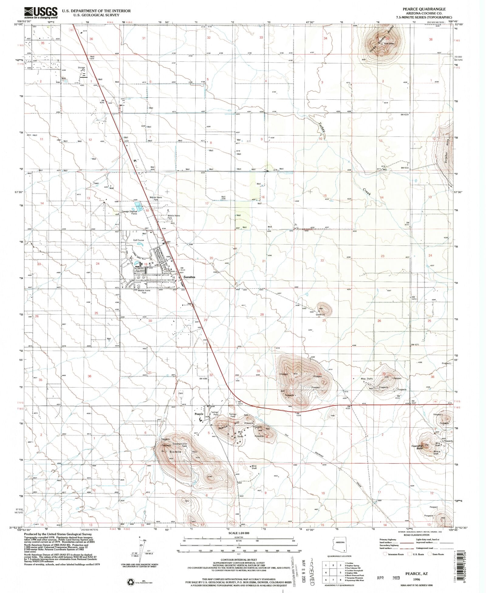 Classic USGS Pearce Arizona 7.5'x7.5' Topo Map – MyTopo Map Store