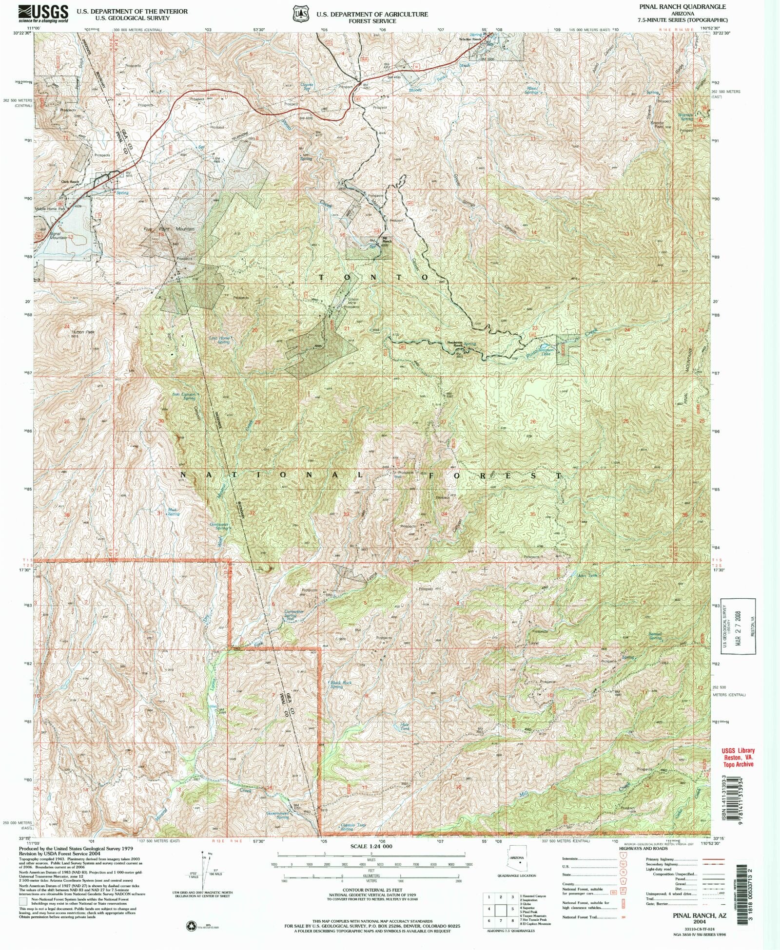 Classic USGS Pinal Ranch Arizona 7.5'x7.5' Topo Map – MyTopo Map Store