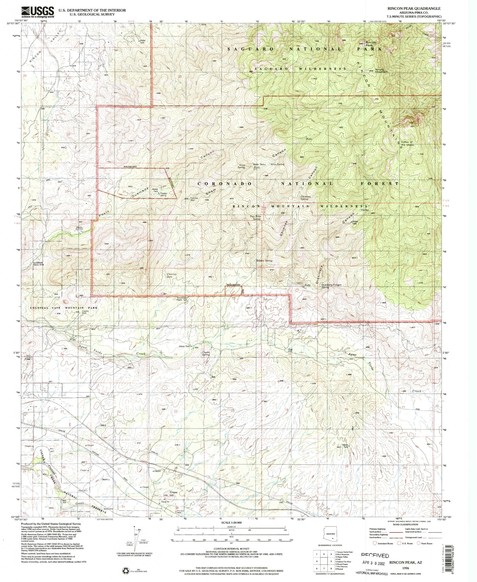 Classic USGS Rincon Peak Arizona 7.5'x7.5' Topo Map – MyTopo Map Store