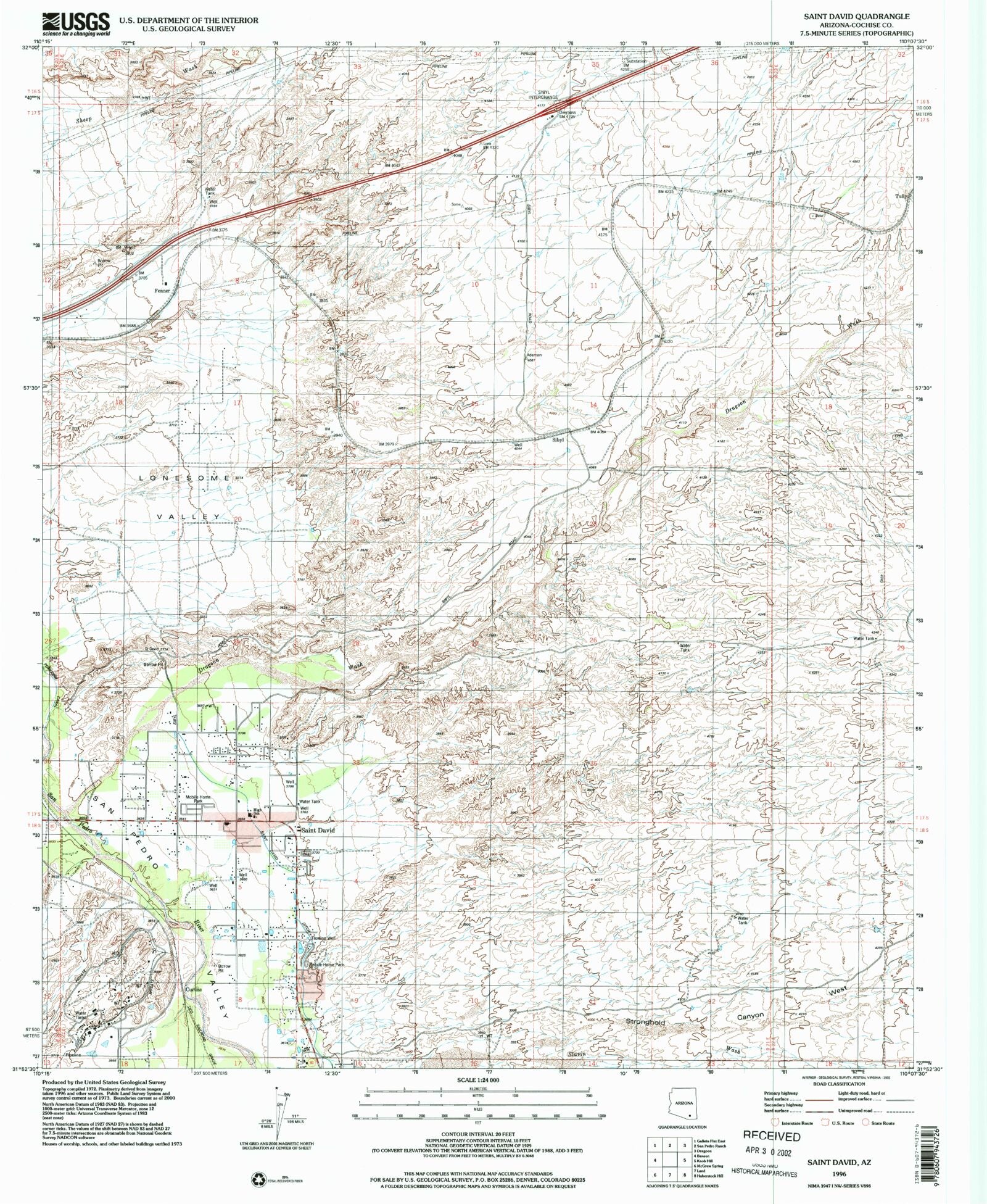 Classic USGS Saint David Arizona 7.5'x7.5' Topo Map – MyTopo Map Store