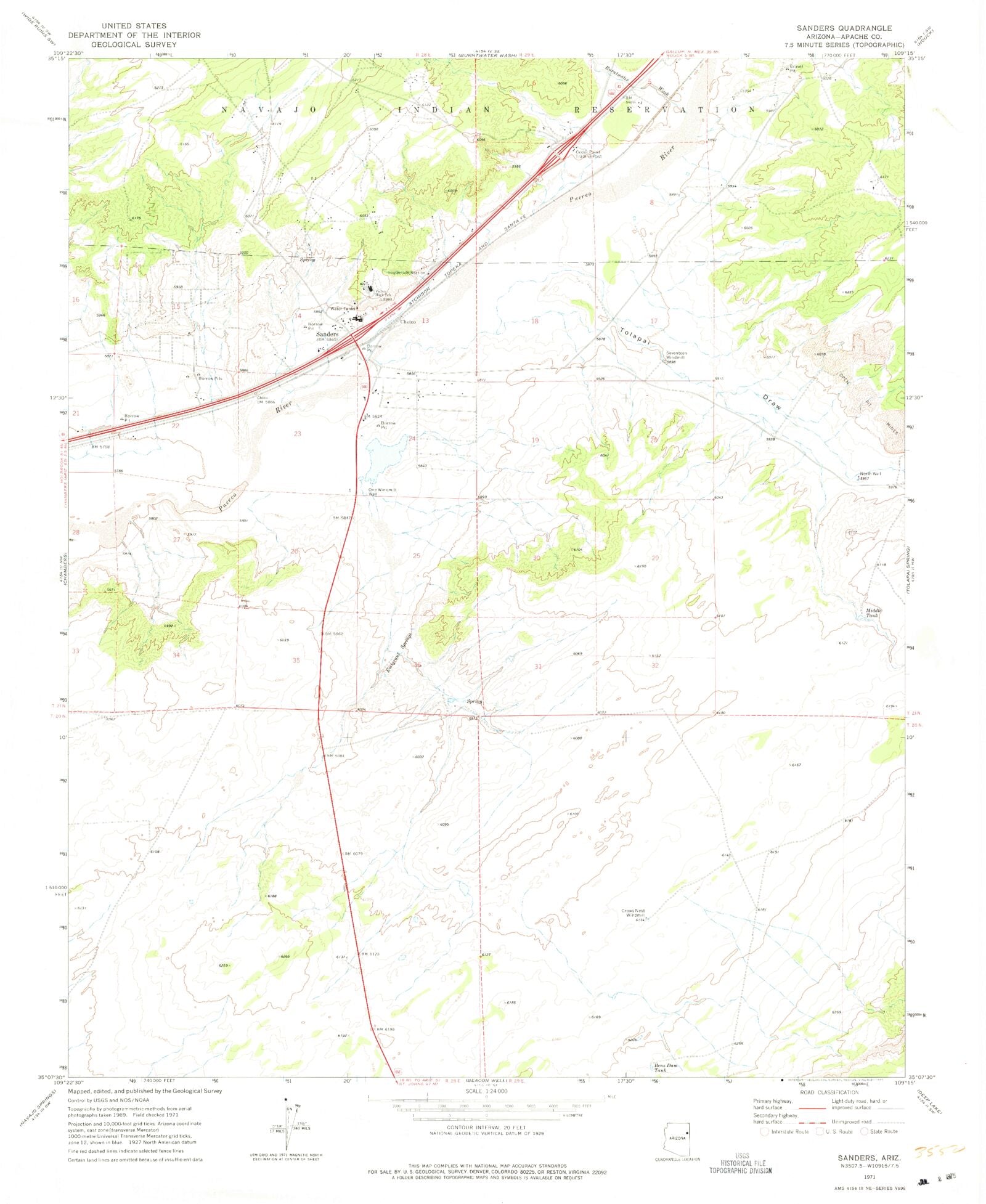 Classic USGS Sanders Arizona 7.5'x7.5' Topo Map – MyTopo Map Store