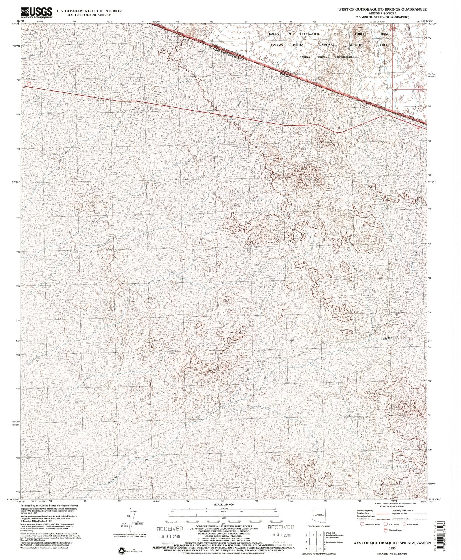 Classic USGS West of Quitobaquito Springs Arizona 7.5'x7.5' Topo Map ...