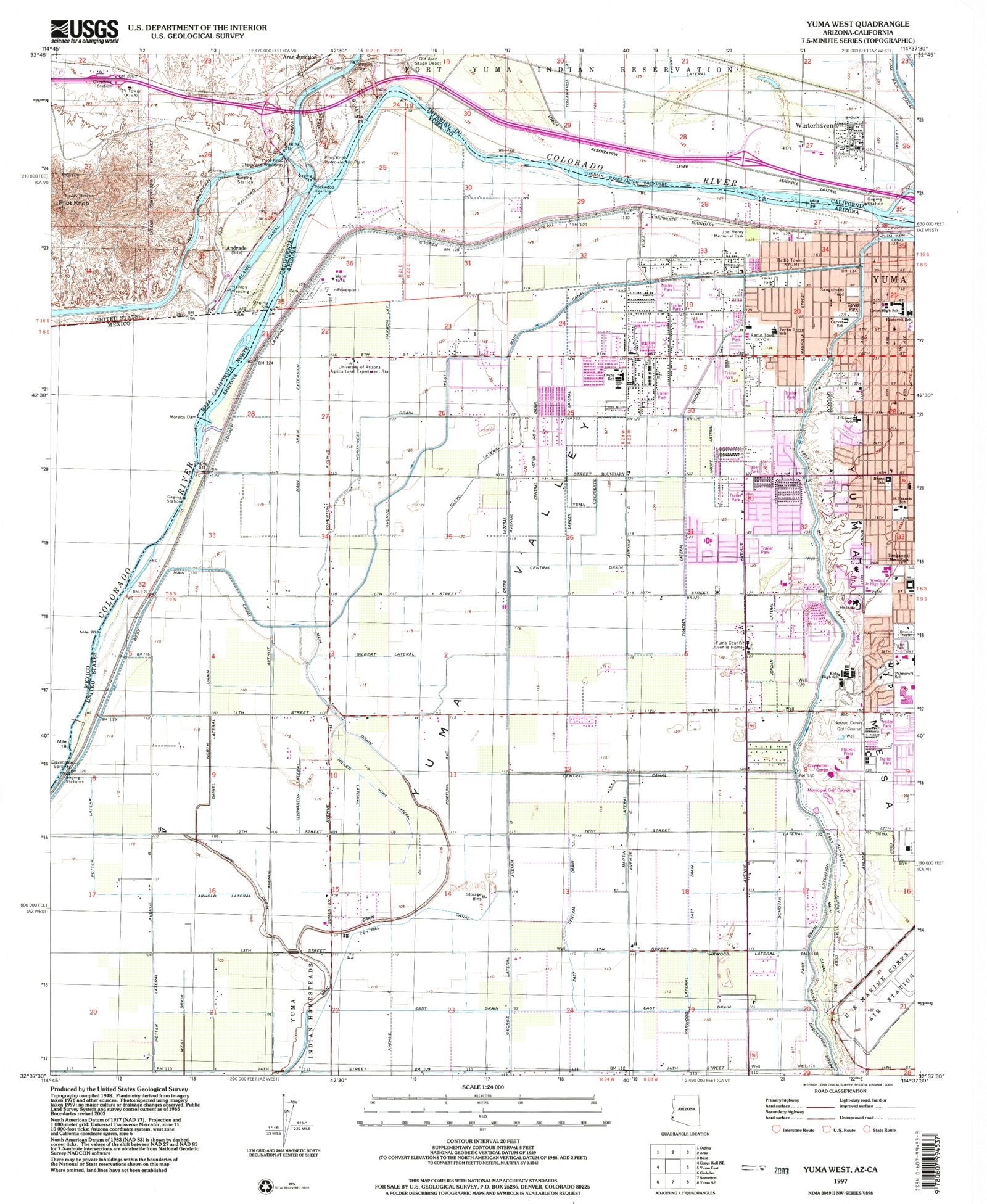 Classic USGS Yuma West Arizona 7.5'x7.5' Topo Map – MyTopo Map Store