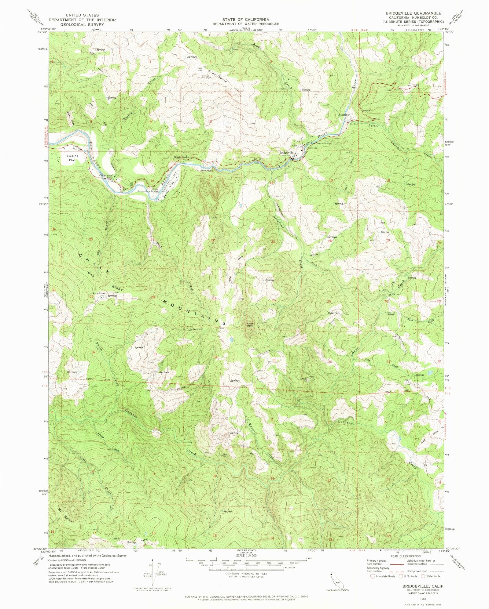 Classic USGS Bridgeville California 7.5'x7.5' Topo Map – MyTopo Map Store