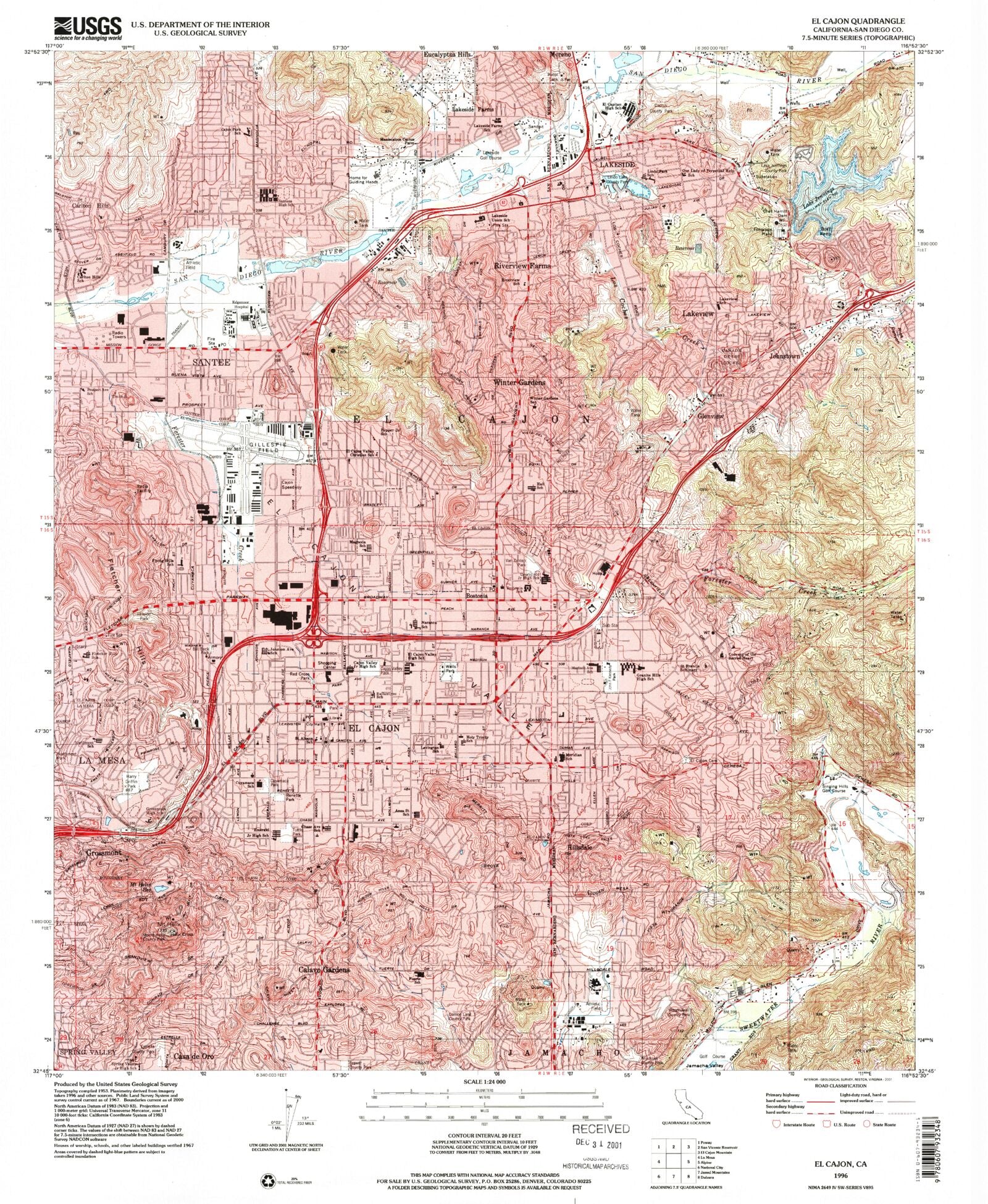 Classic USGS El Cajon California 7.5'x7.5' Topo Map – MyTopo Map Store