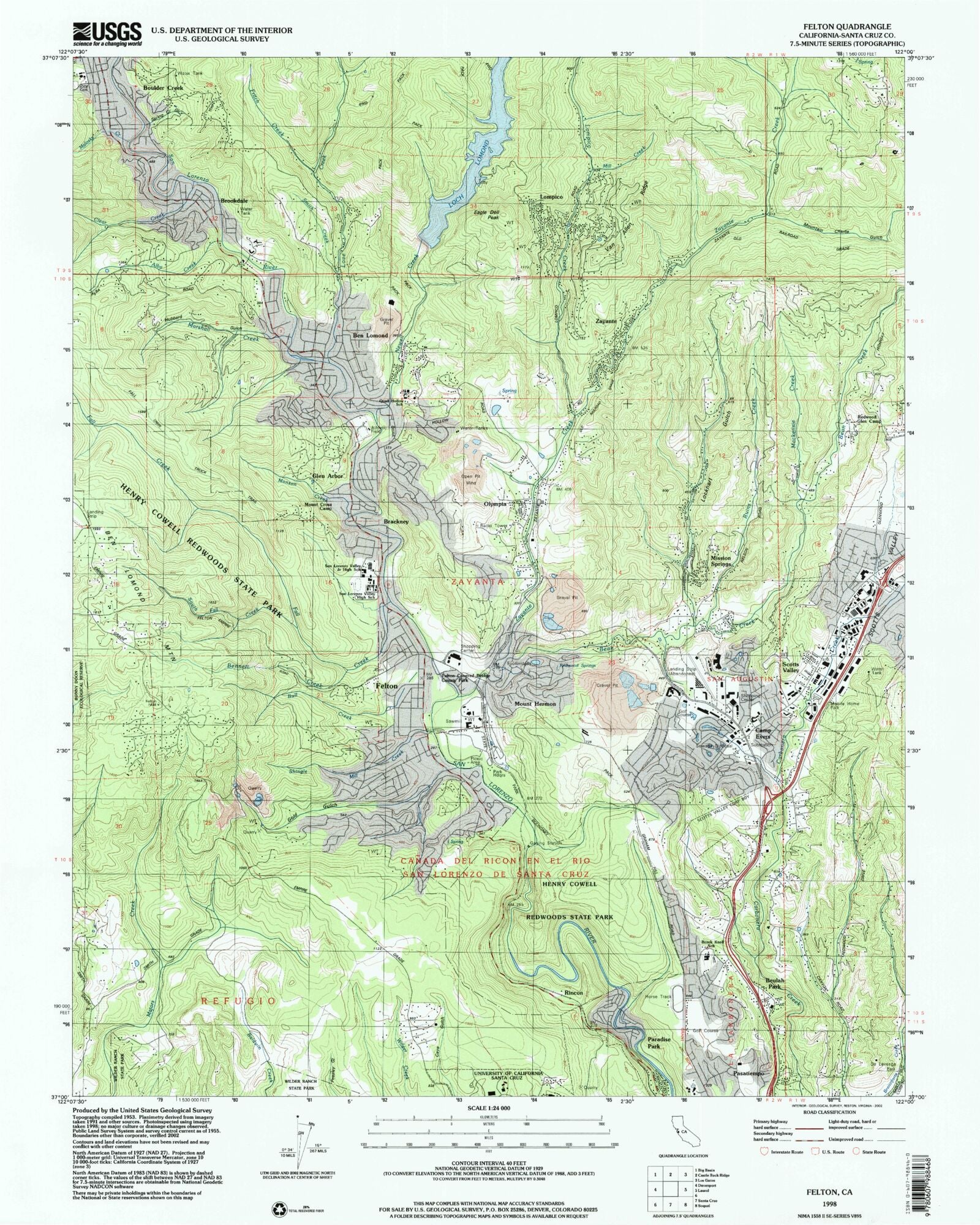 Classic USGS Felton California 7.5'x7.5' Topo Map – MyTopo Map Store