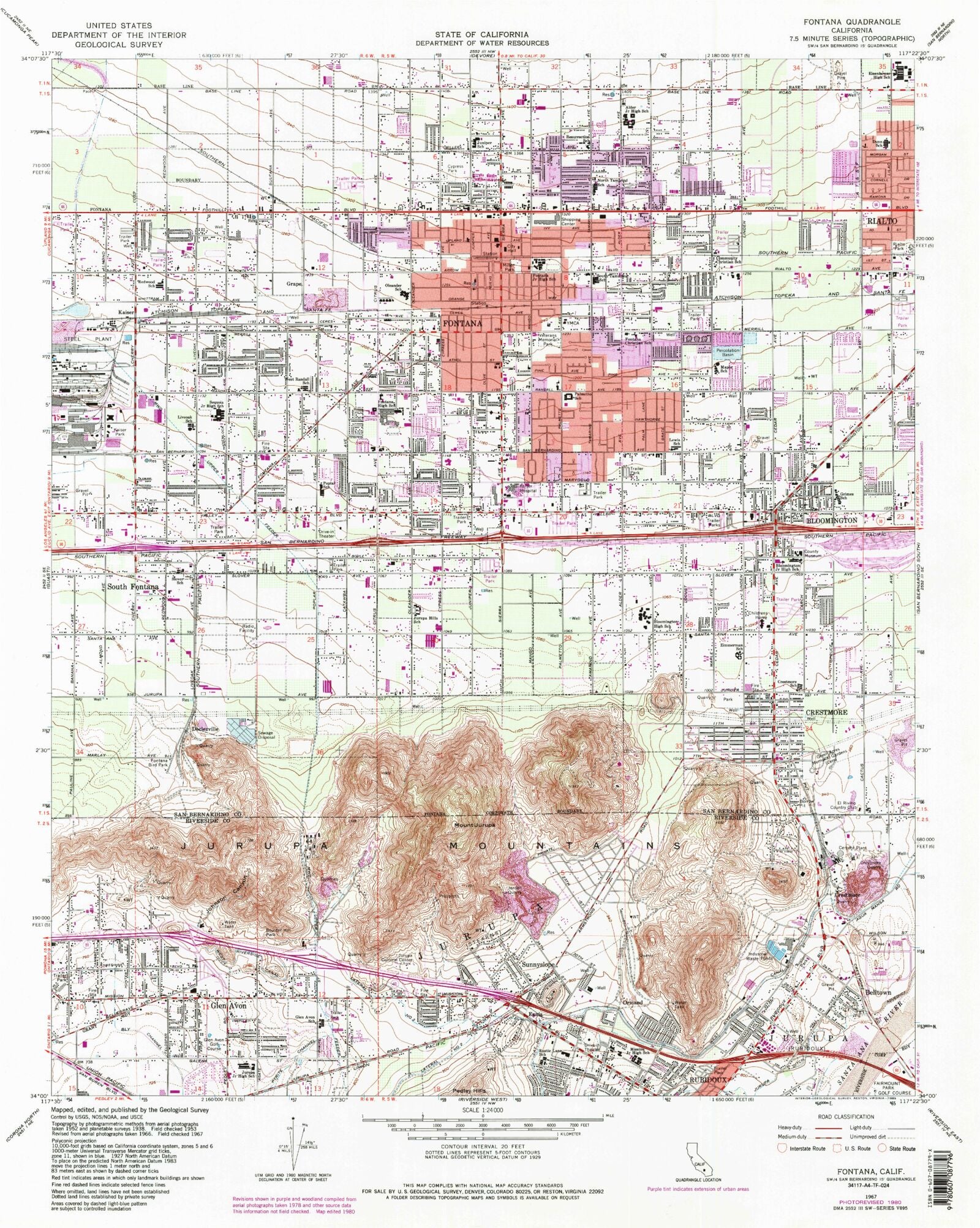 Classic USGS Fontana California 7.5'x7.5' Topo Map – MyTopo Map Store