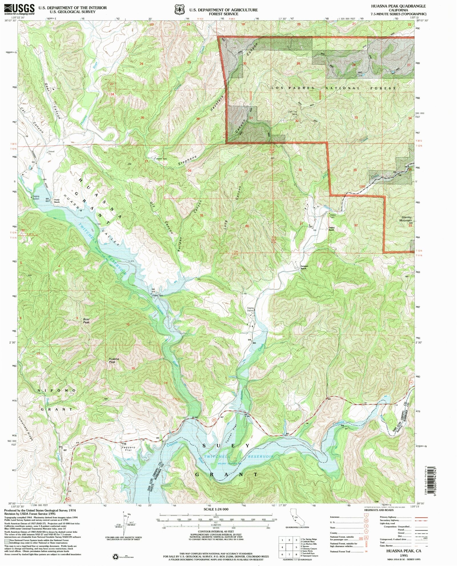 Classic USGS Huasna Peak California 7.5'x7.5' Topo Map – MyTopo Map Store