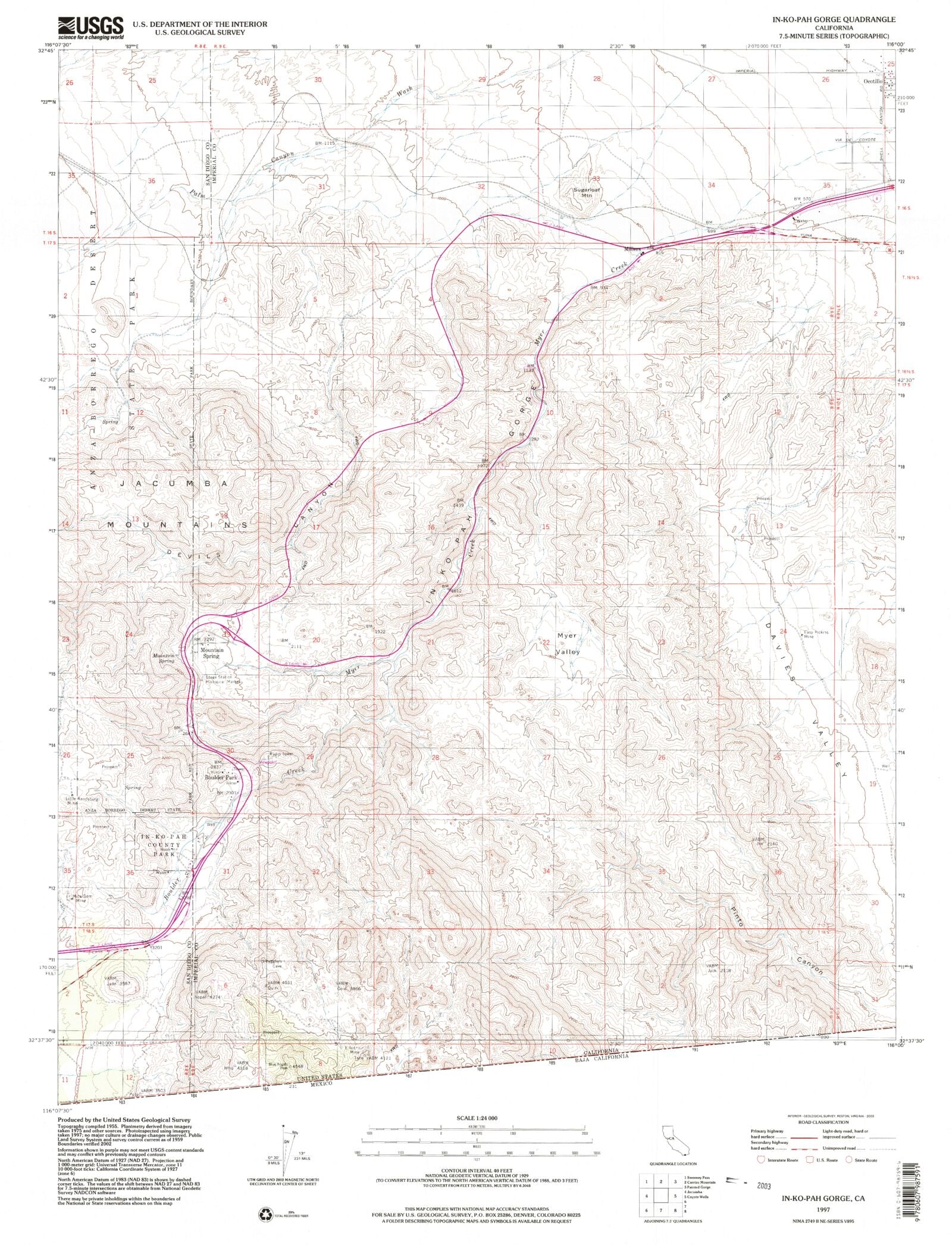 Classic USGS In-Ko-Pah Gorge California 7.5'x7.5' Topo Map – MyTopo Map ...