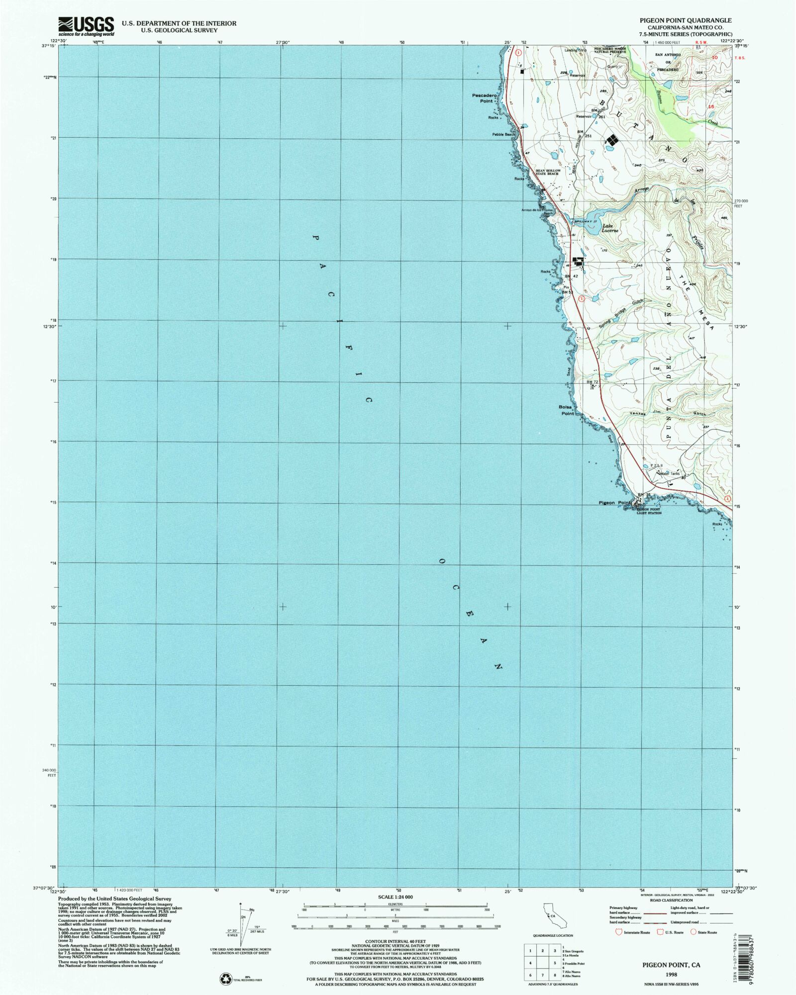Classic USGS Pigeon Point California 7.5'x7.5' Topo Map – MyTopo Map Store