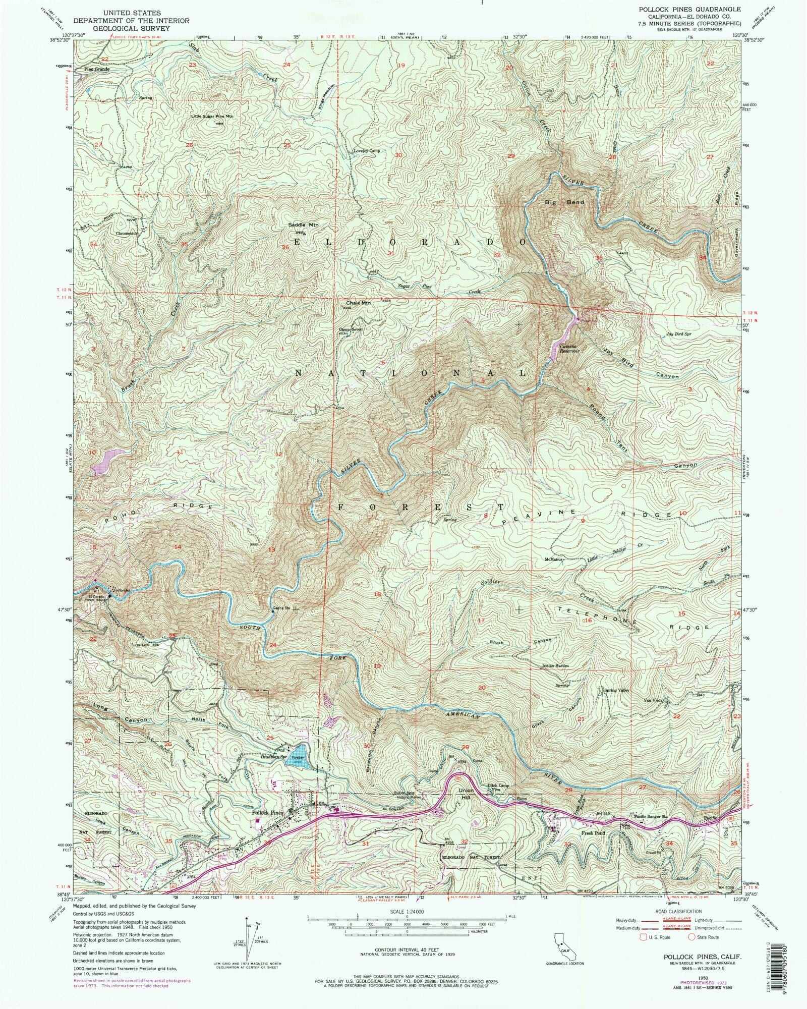 Classic USGS Pollock Pines California 7.5'x7.5' Topo Map – MyTopo Map Store