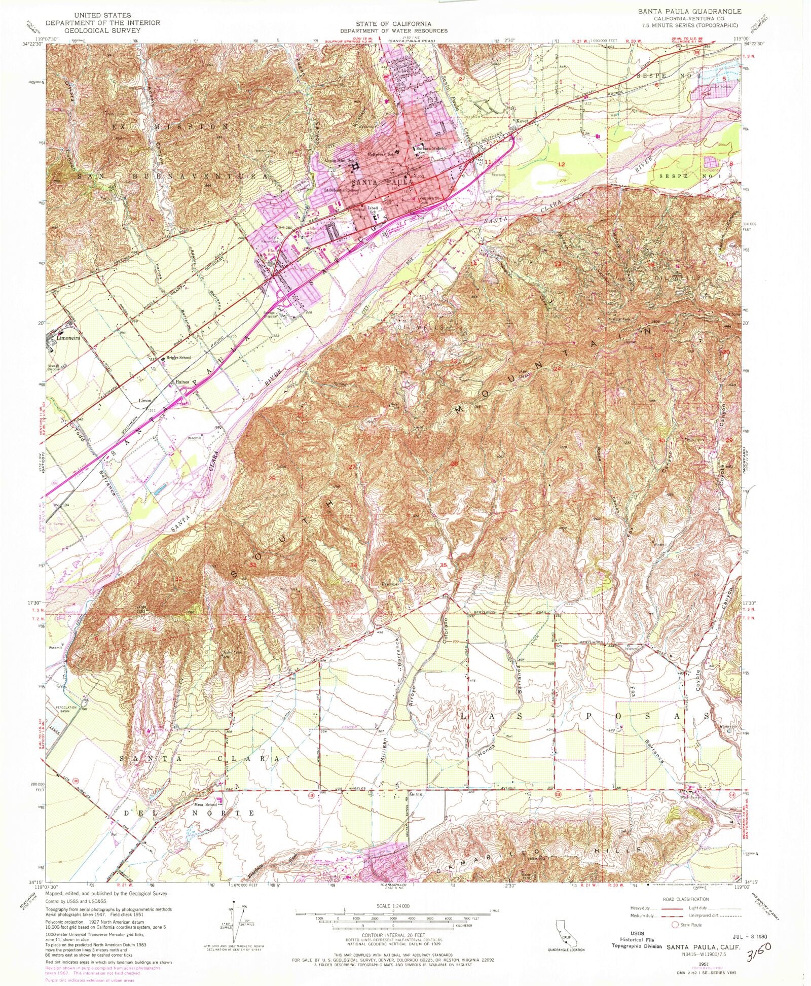 Classic USGS Santa Paula California 7.5'x7.5' Topo Map – MyTopo Map Store