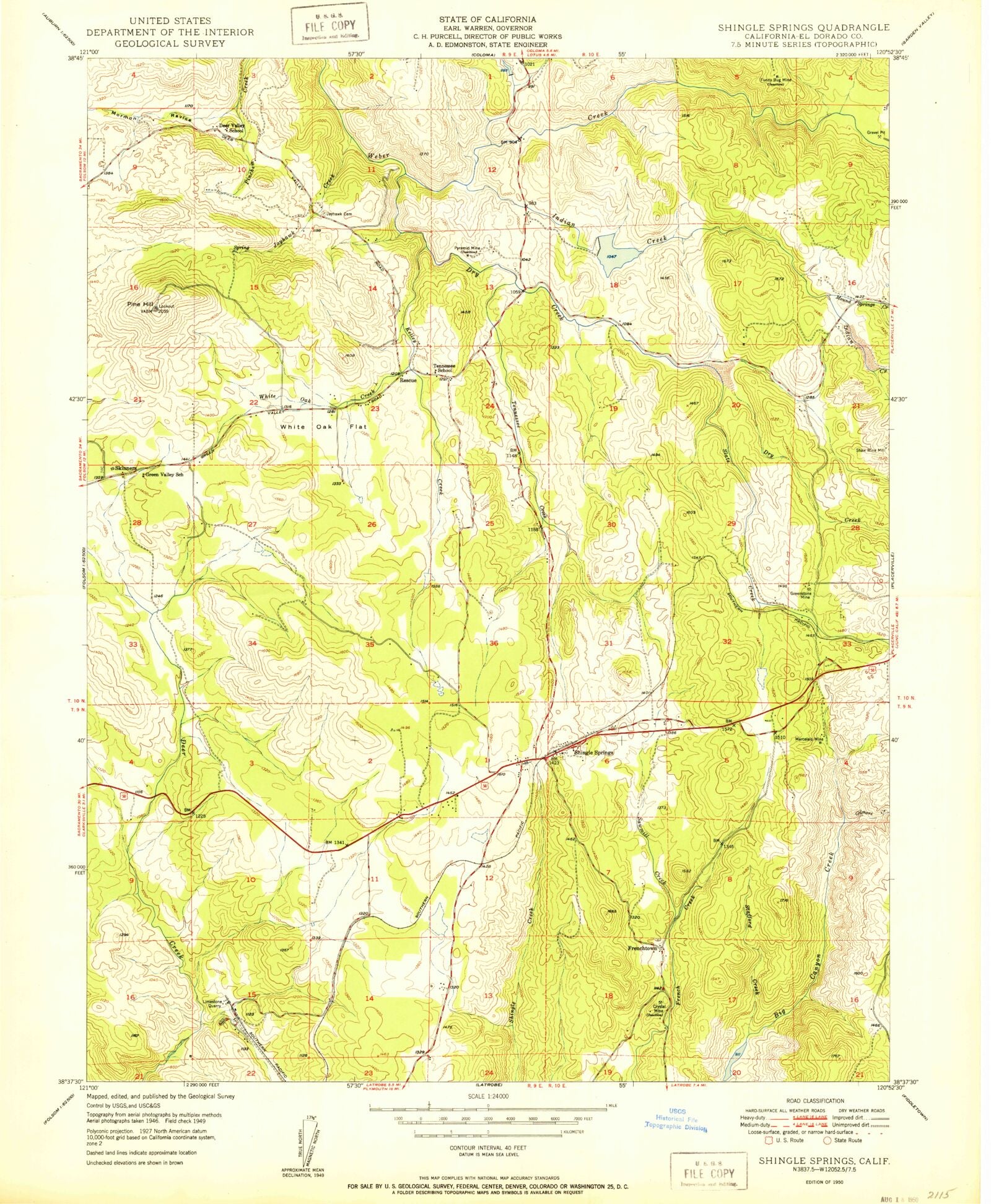 Classic USGS Shingle Springs California 7.5'x7.5' Topo Map – MyTopo Map ...