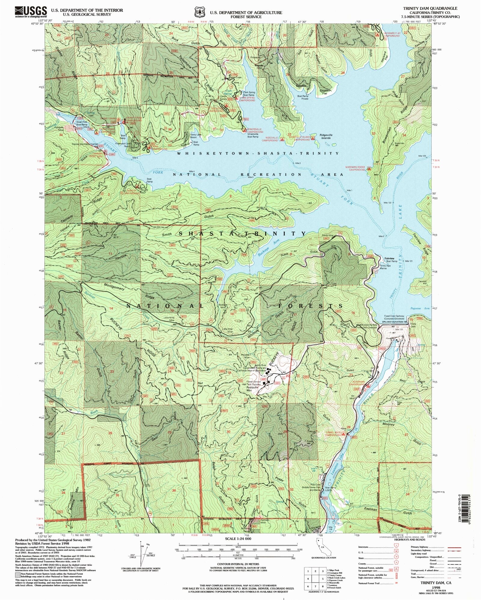 Classic USGS Trinity Dam California 7.5'x7.5' Topo Map – MyTopo Map Store