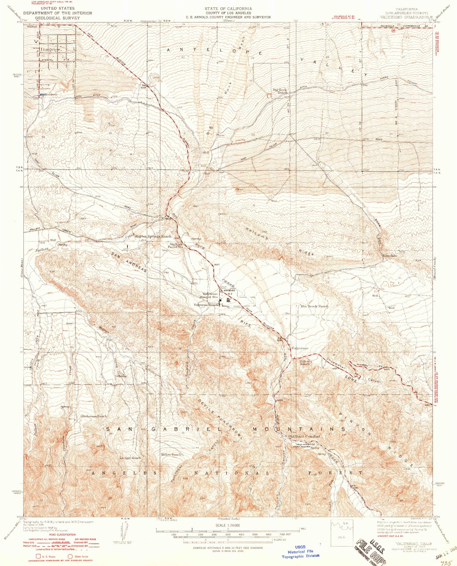 Classic USGS Valyermo California 7.5'x7.5' Topo Map – MyTopo Map Store