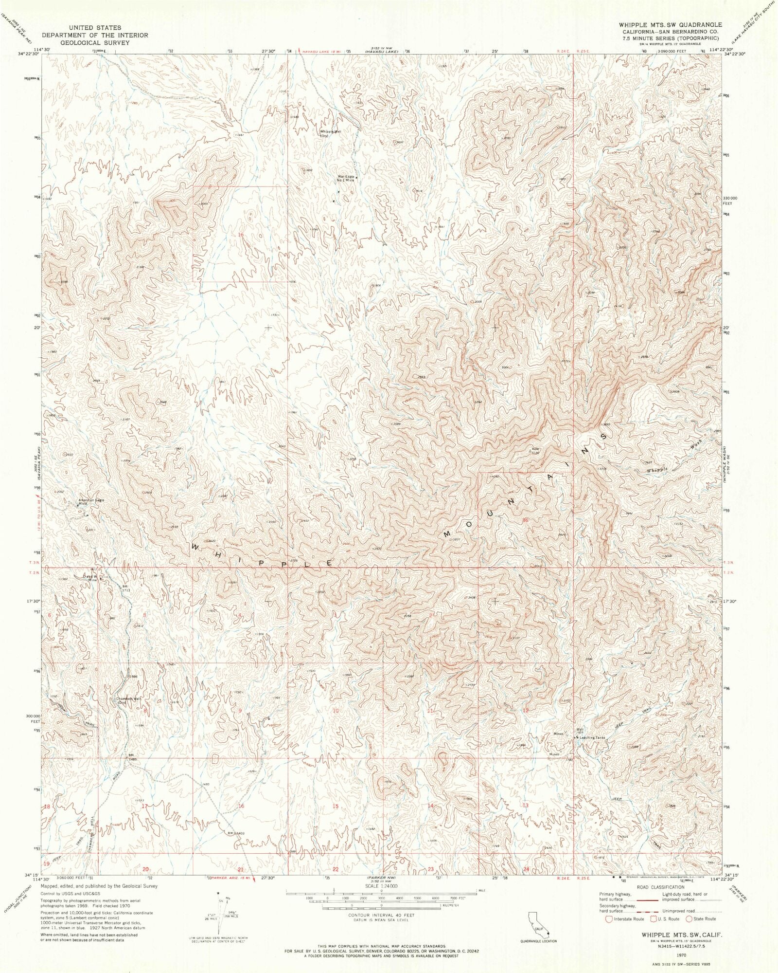 Classic USGS Whipple Mountains SW California 7.5'x7.5' Topo Map ...