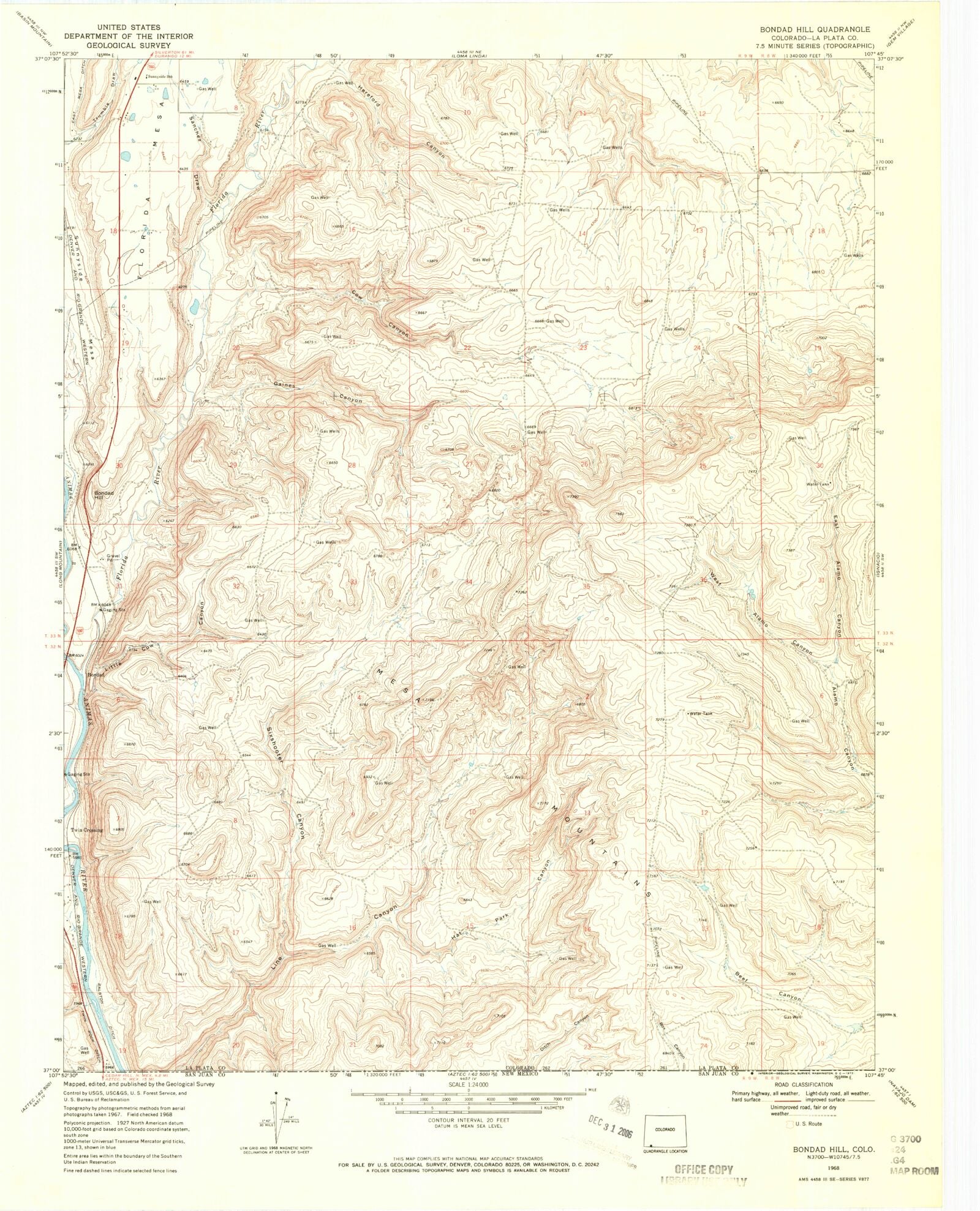 Classic USGS Bondad Hill Colorado 7.5'x7.5' Topo Map – MyTopo Map Store