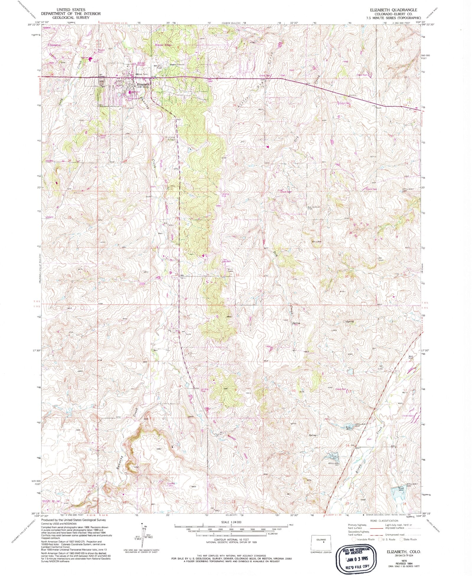 Classic USGS Elizabeth Colorado 7.5'x7.5' Topo Map – MyTopo Map Store