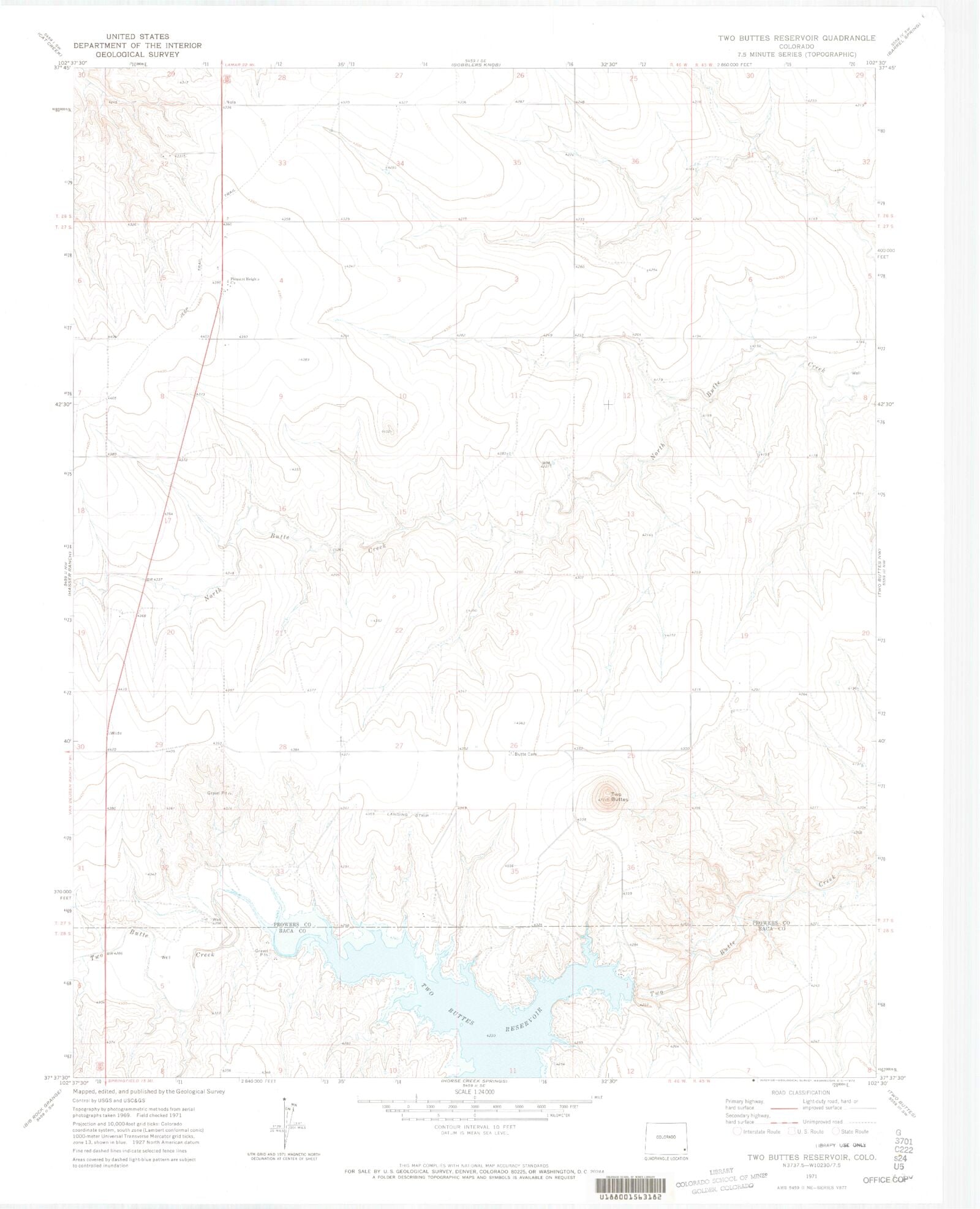 Classic USGS Two Buttes Reservoir Colorado 7.5'x7.5' Topo Map – MyTopo ...