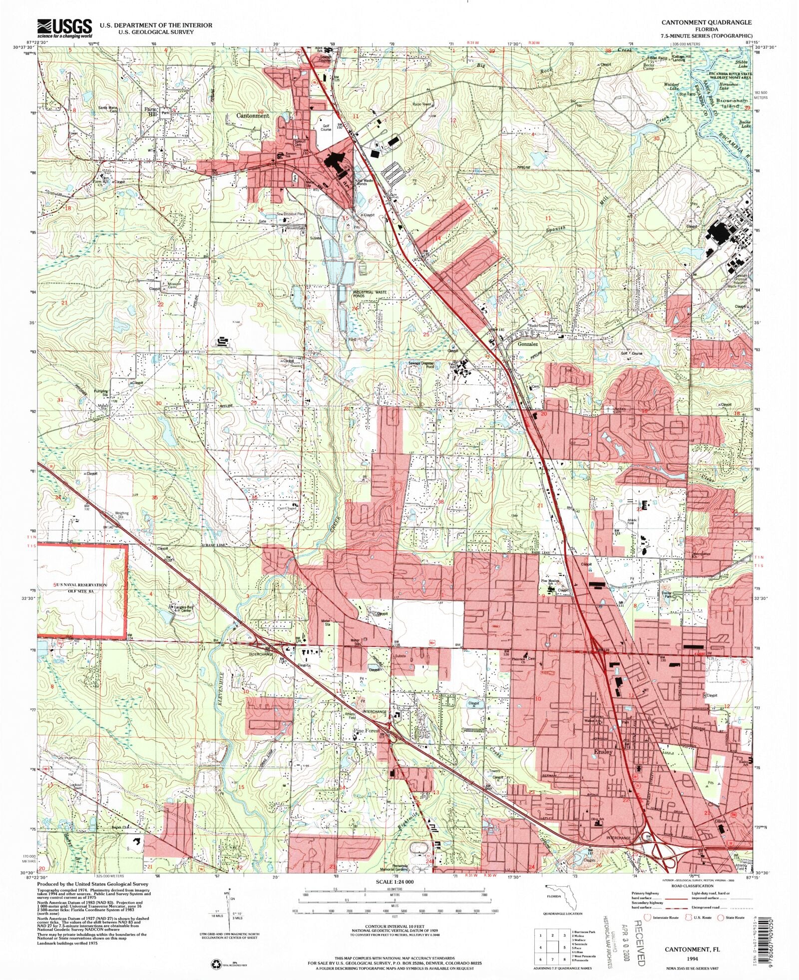 Classic USGS Cantonment Florida 7.5'x7.5' Topo Map – MyTopo Map Store