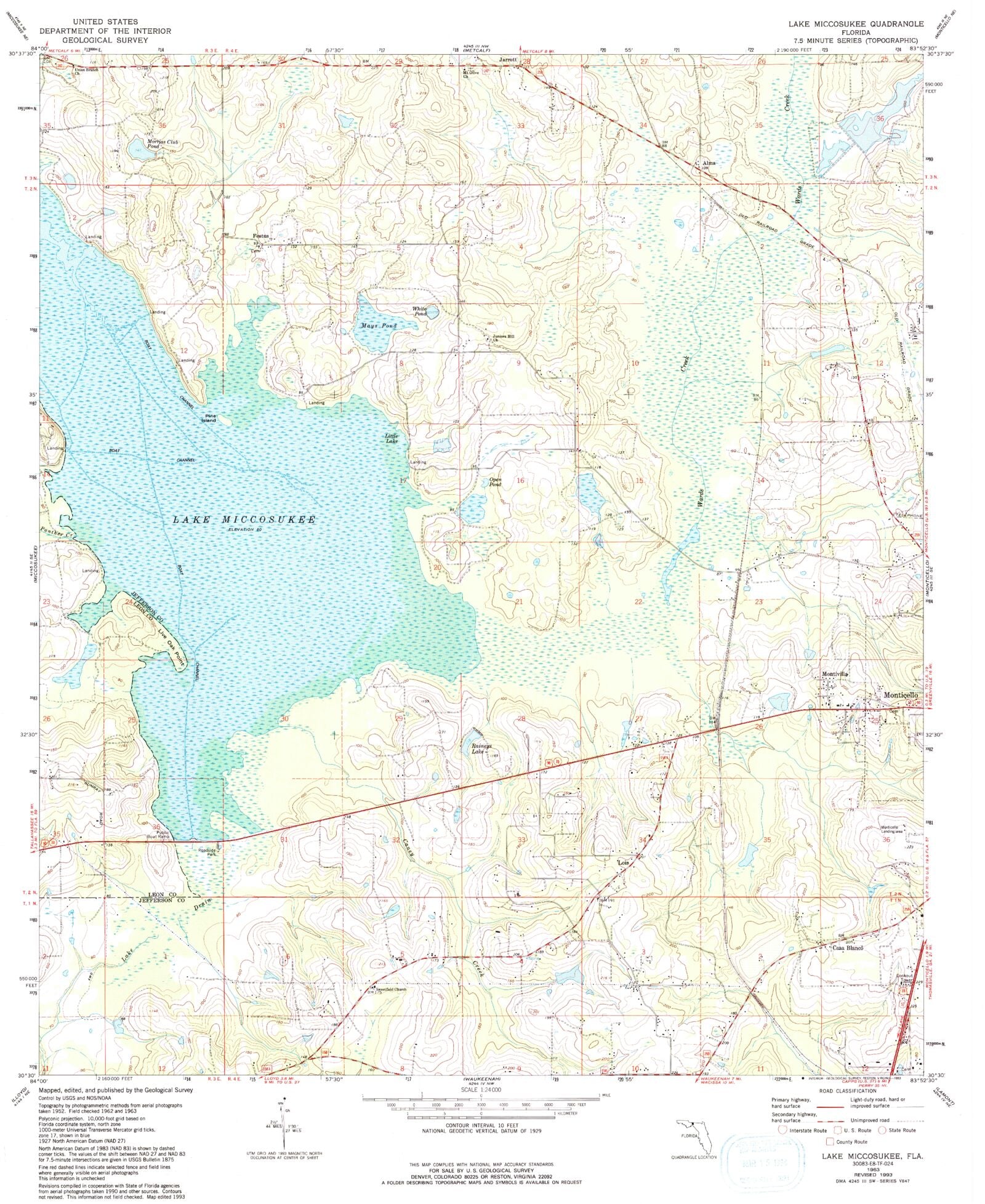 Classic USGS Lake Miccosukee Florida 7.5'x7.5' Topo Map – MyTopo Map Store