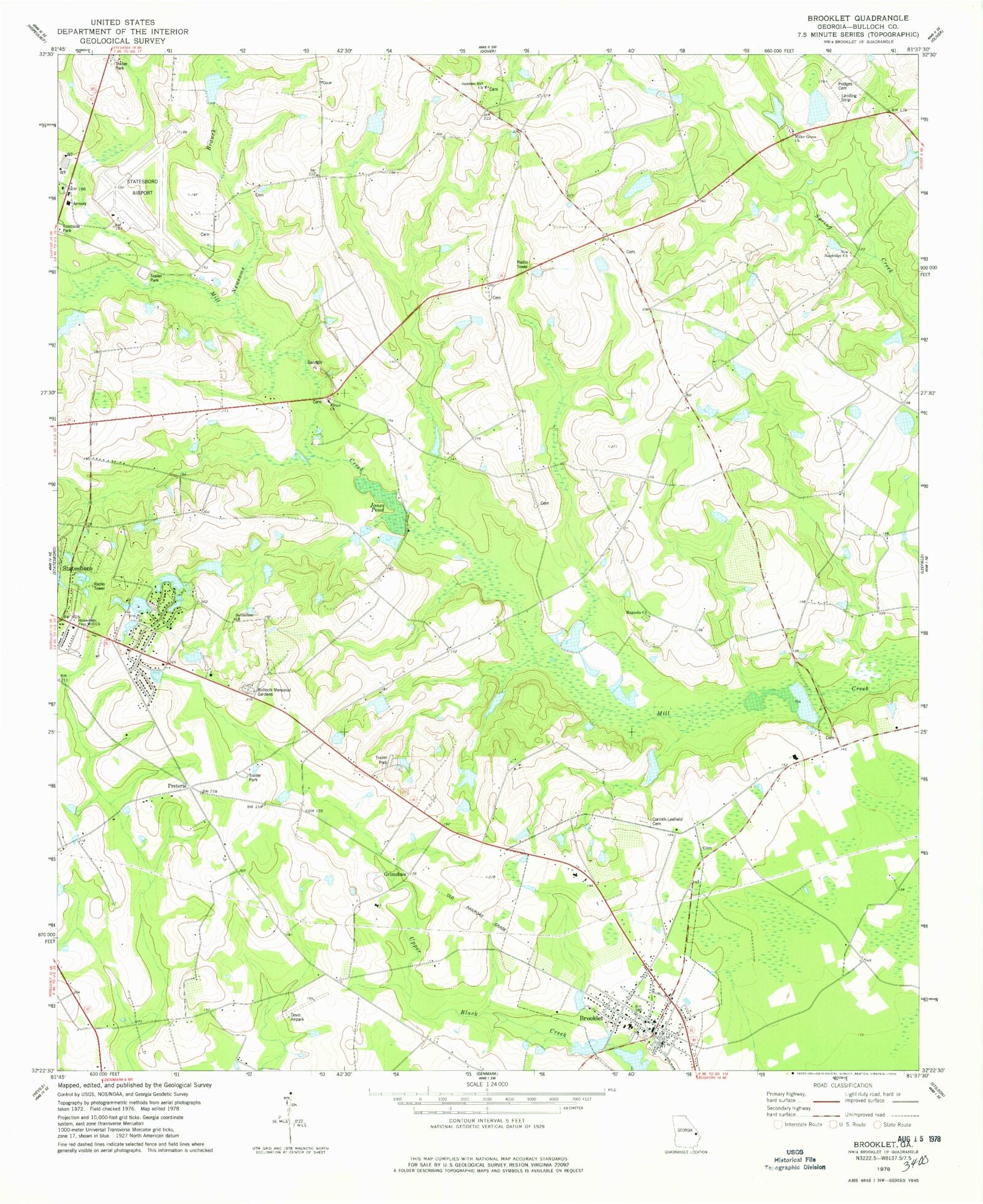 Classic USGS Brooklet Georgia 7.5'x7.5' Topo Map – MyTopo Map Store