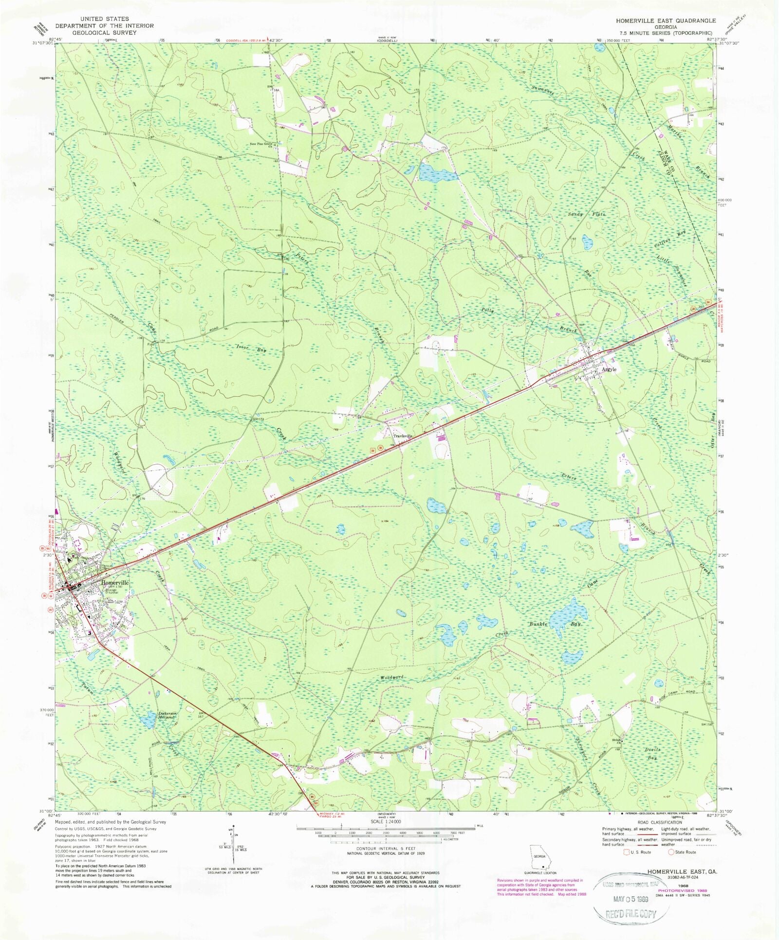 Classic USGS Homerville East Georgia 7.5'x7.5' Topo Map – MyTopo Map Store