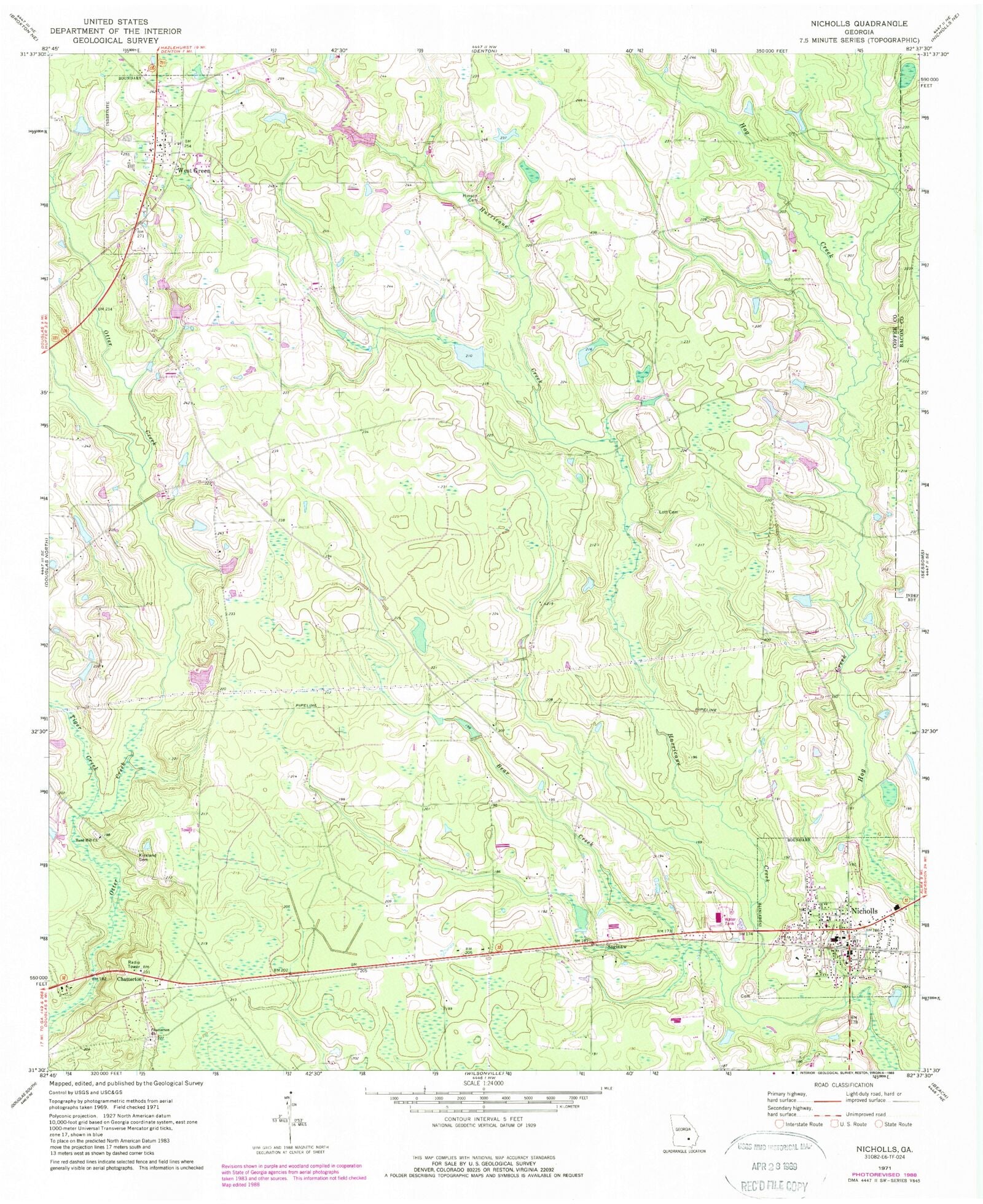 Classic USGS Nicholls Georgia 7.5'x7.5' Topo Map – MyTopo Map Store