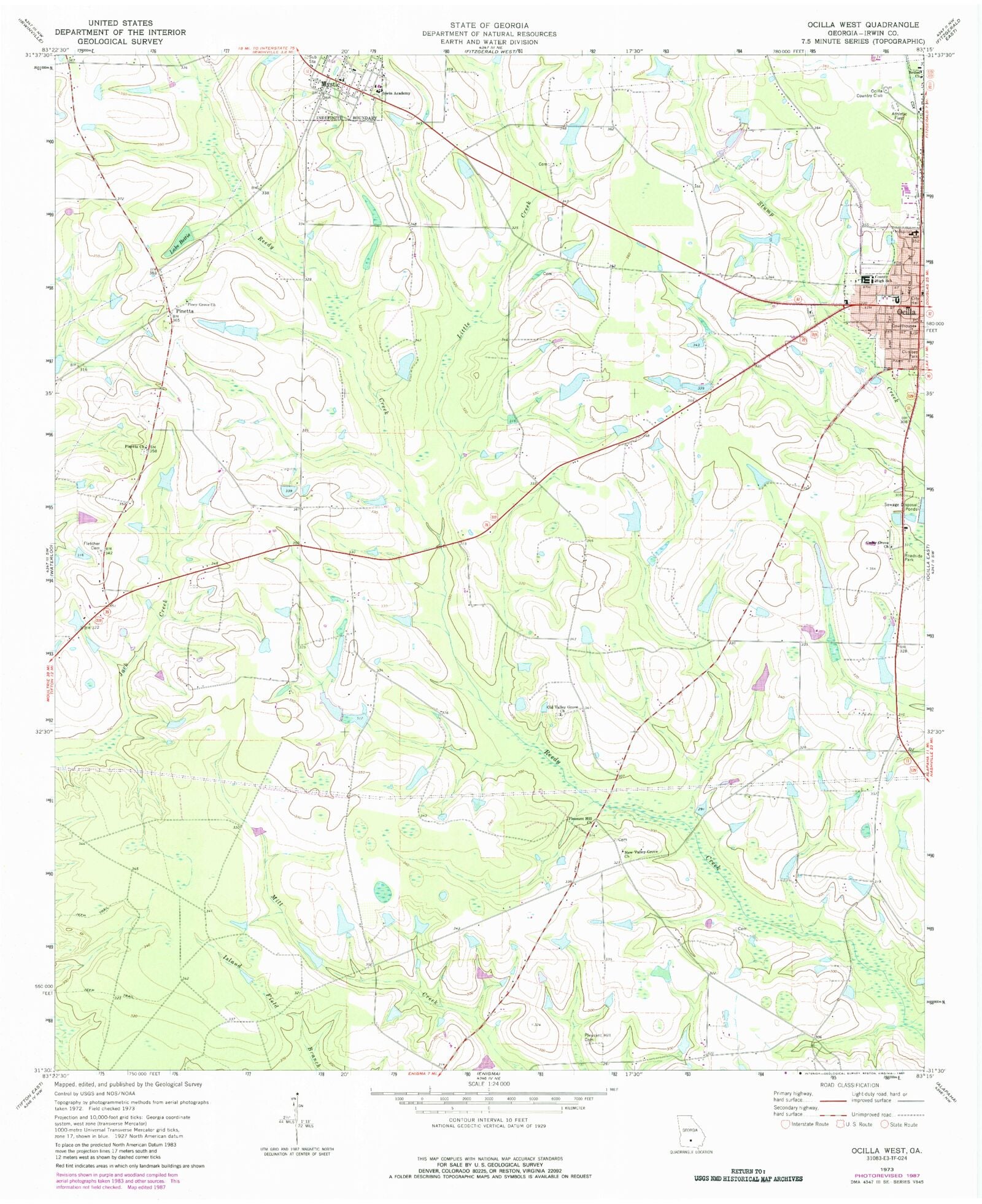 Classic USGS Ocilla West Georgia 7.5'x7.5' Topo Map – MyTopo Map Store