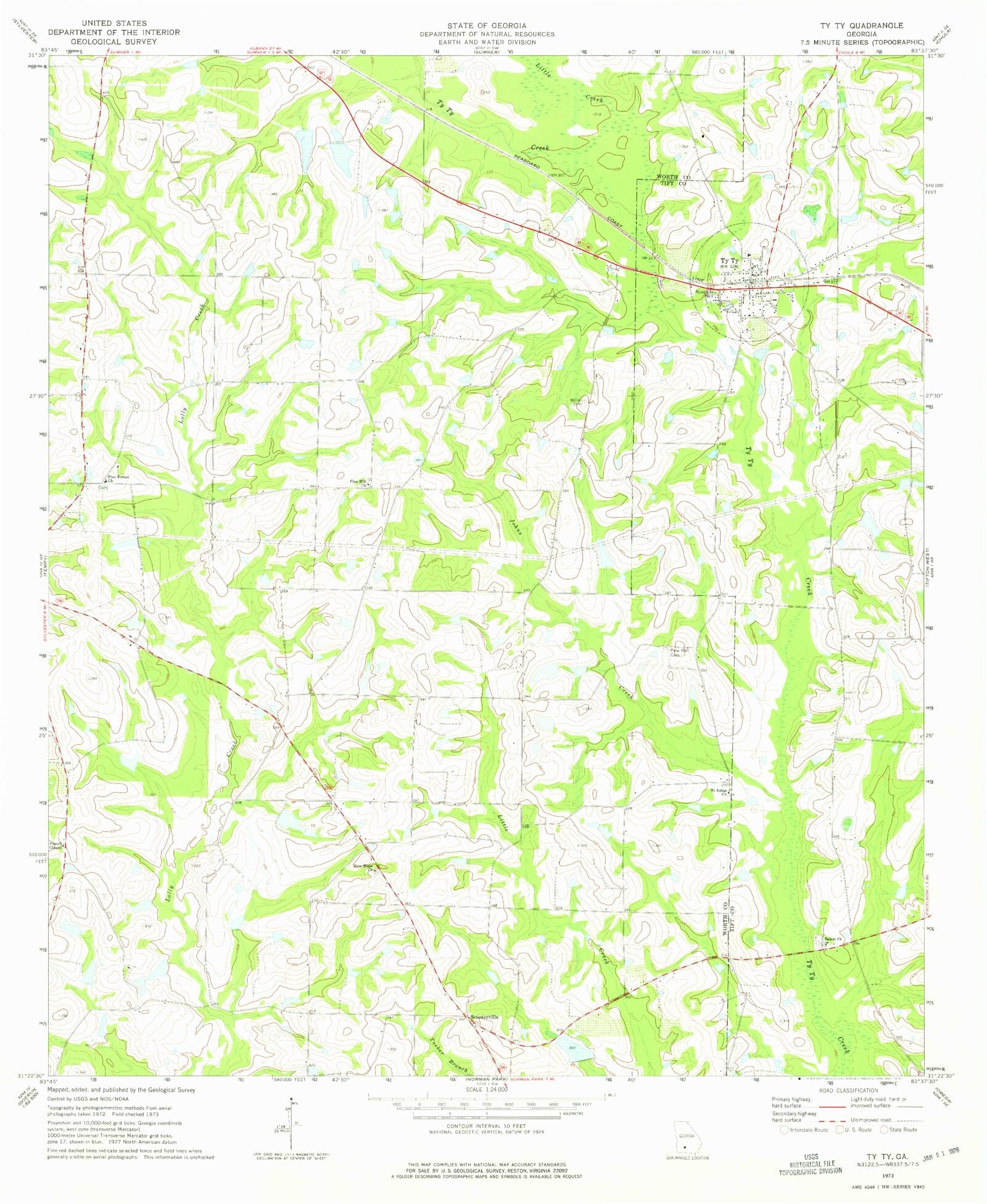 Classic USGS Ty Ty Georgia 7.5'x7.5' Topo Map – MyTopo Map Store