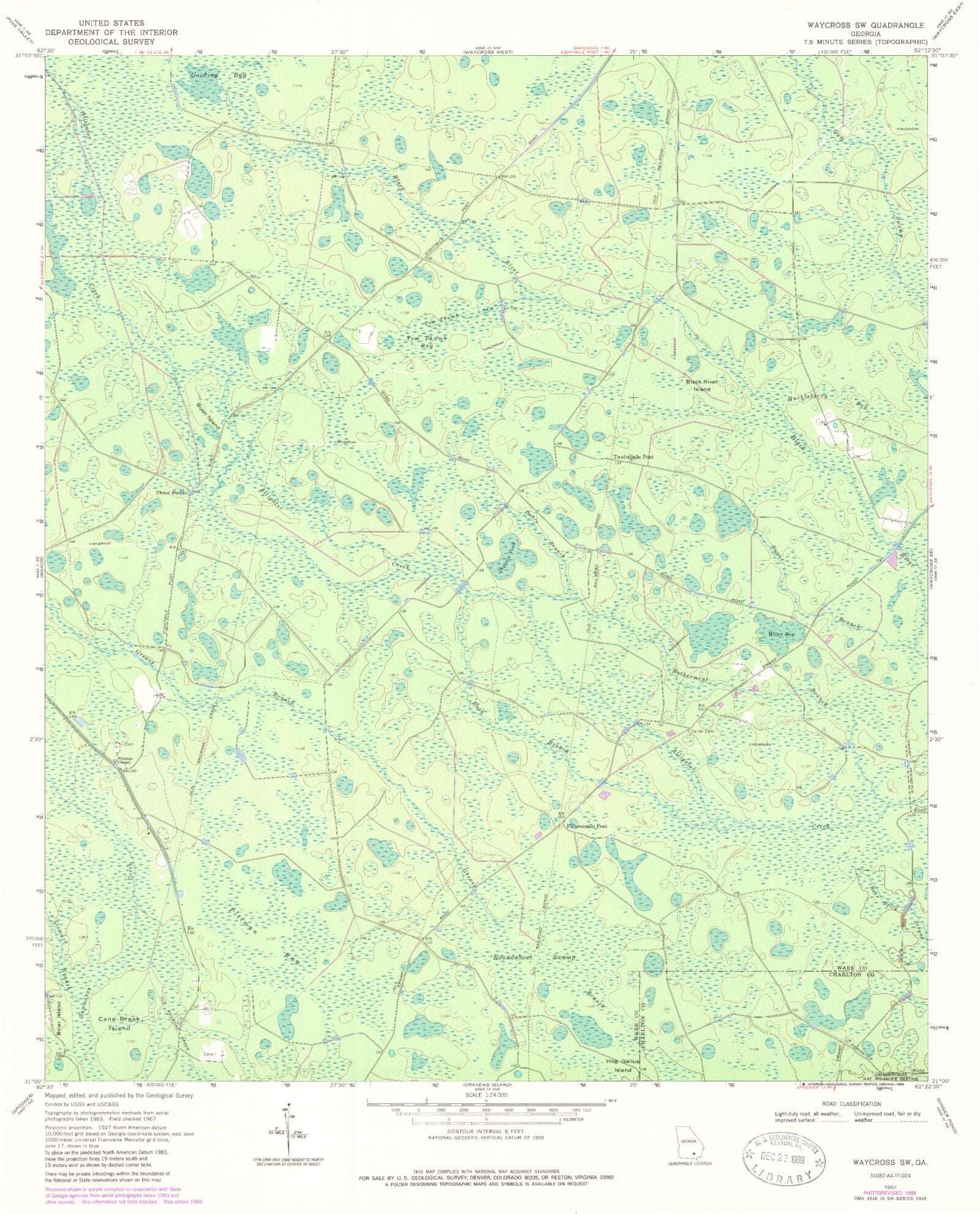Classic USGS Waycross SW Georgia 7.5'x7.5' Topo Map – MyTopo Map Store