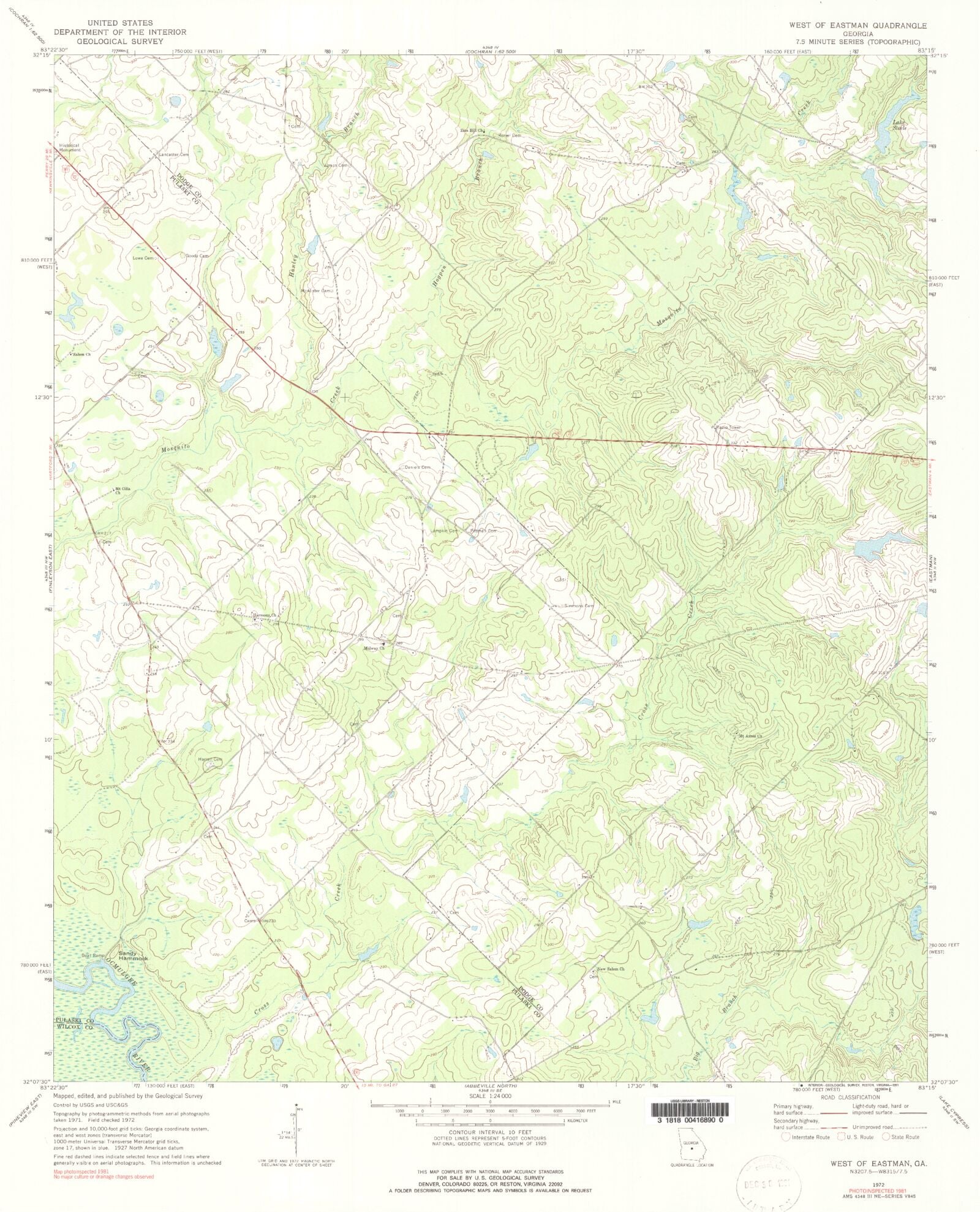 Classic USGS West of Eastman Georgia 7.5'x7.5' Topo Map – MyTopo Map Store