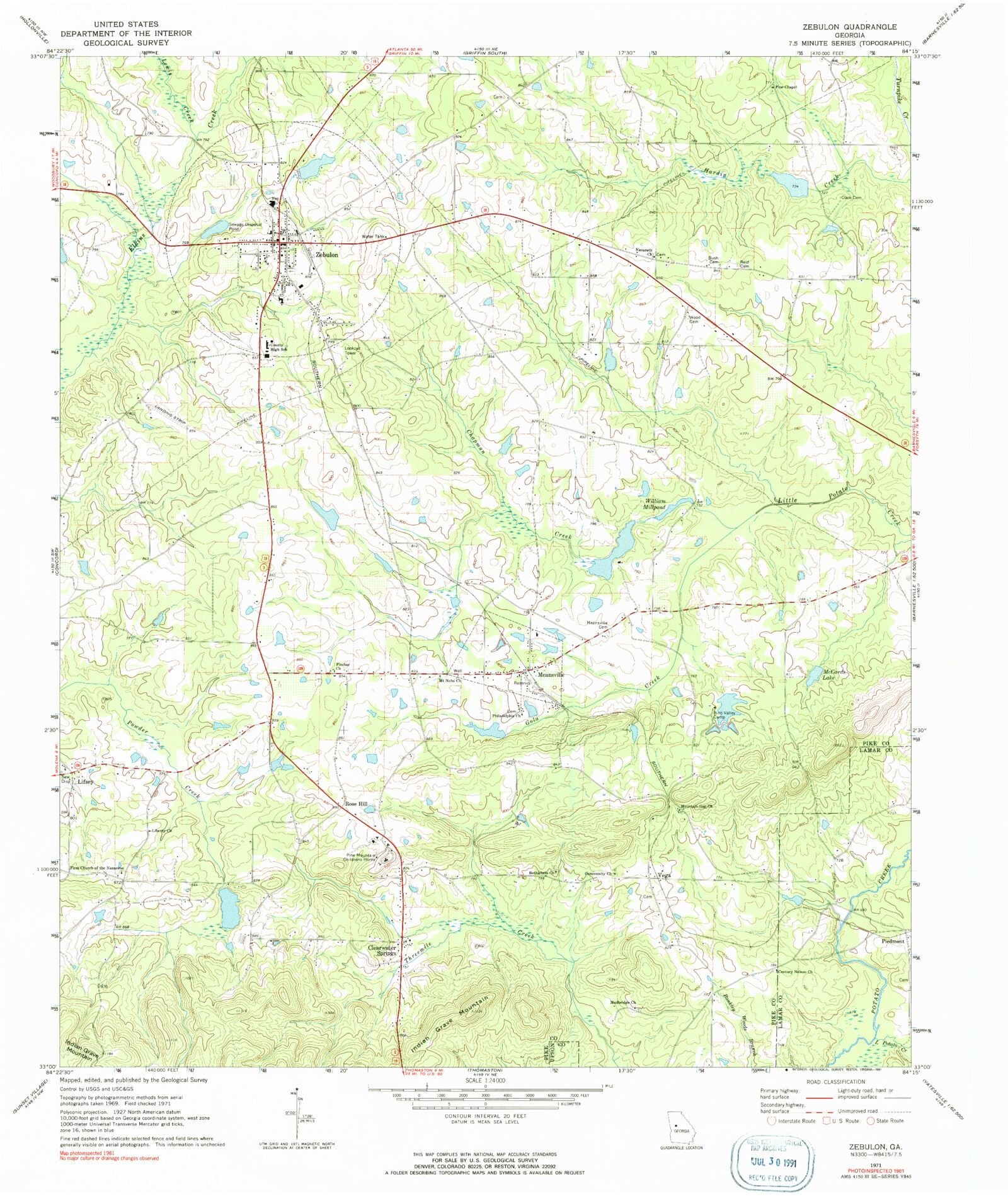 Classic USGS Zebulon Georgia 7.5'x7.5' Topo Map – MyTopo Map Store