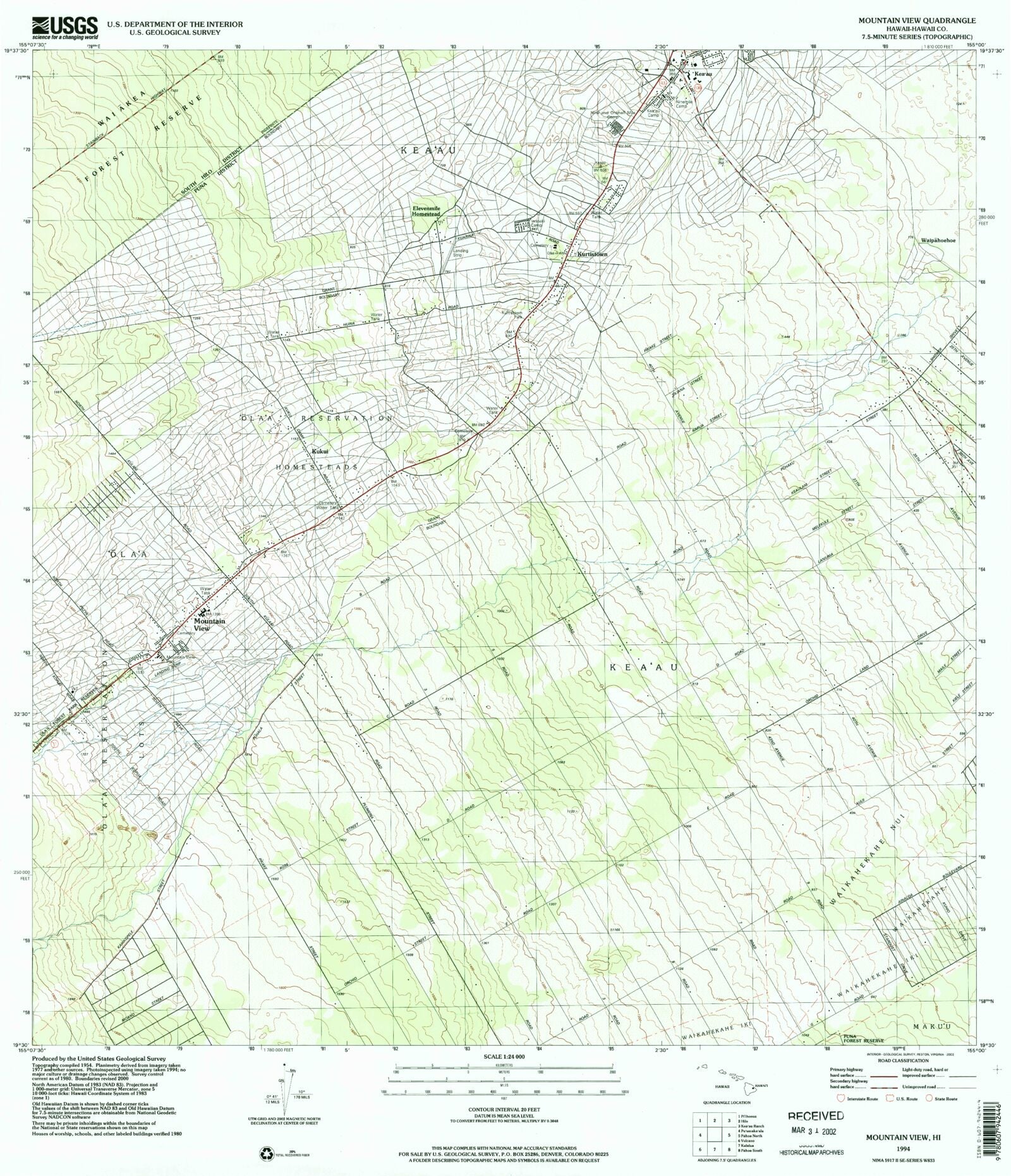 Classic USGS Mountain View Hawaii 7.5'x7.5' Topo Map – MyTopo Map Store