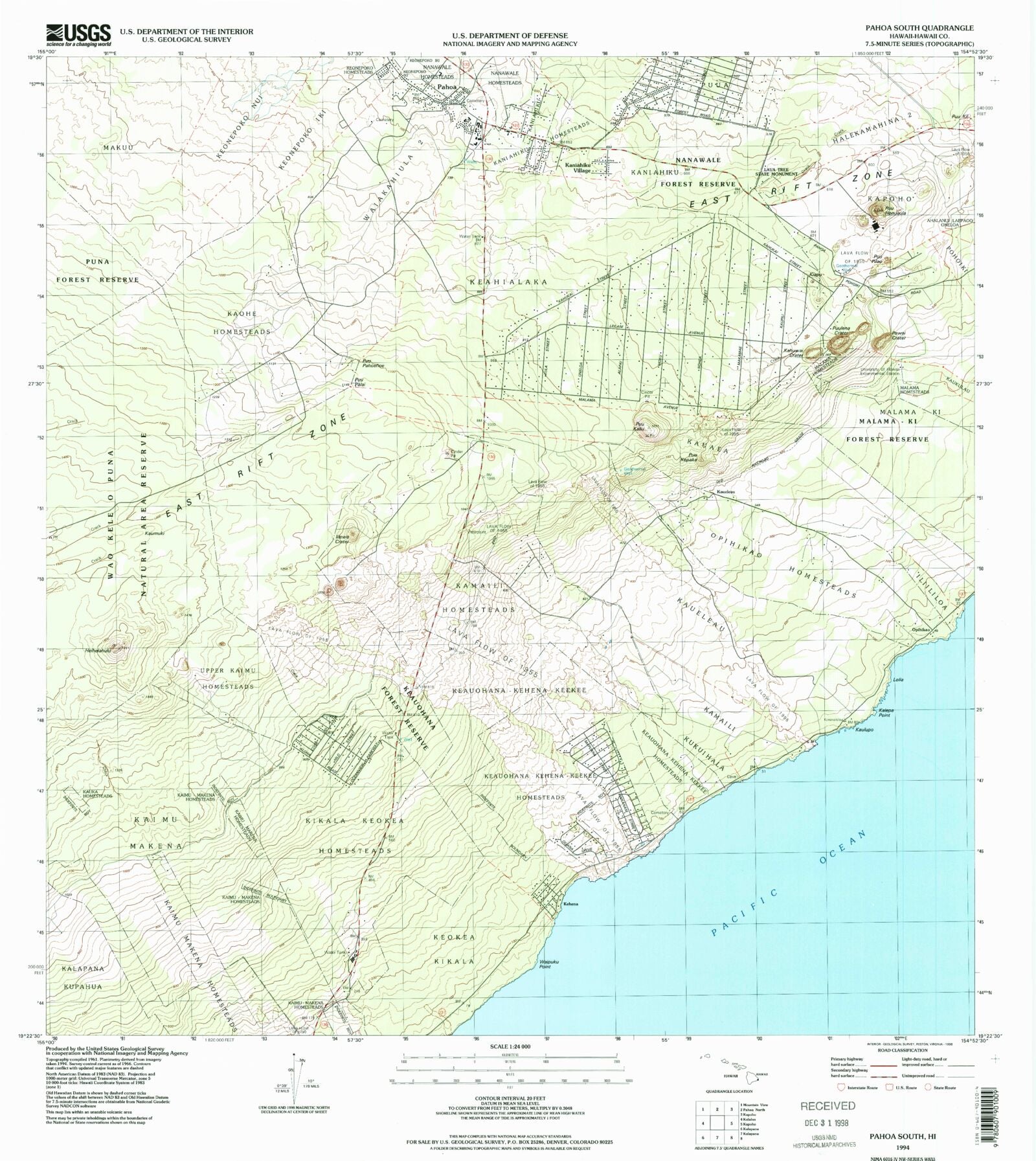 Classic USGS Pahoa South Hawaii 7.5'x7.5' Topo Map – MyTopo Map Store