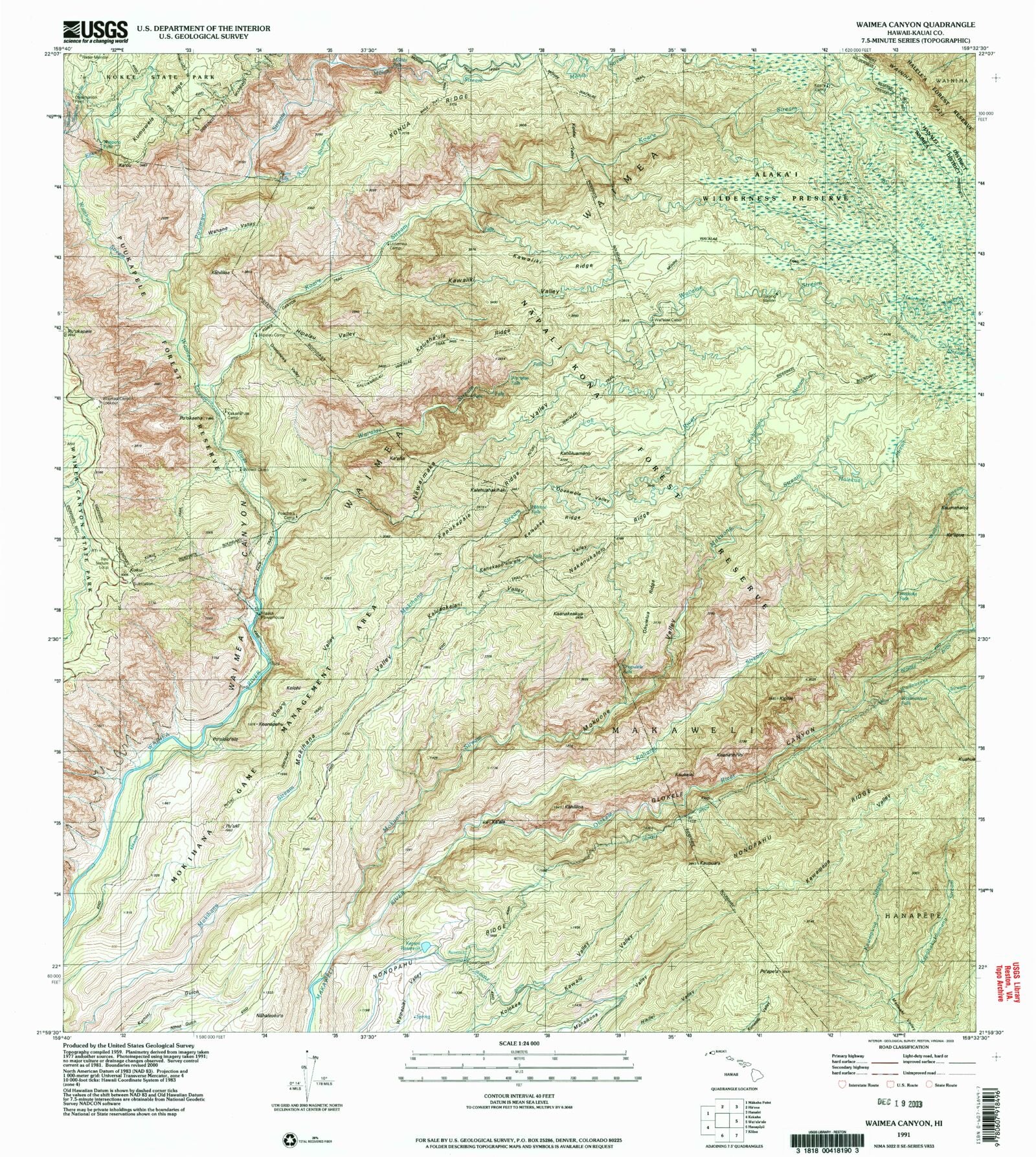 Classic USGS Waimea Canyon Hawaii 7.5'x7.5' Topo Map – MyTopo Map Store